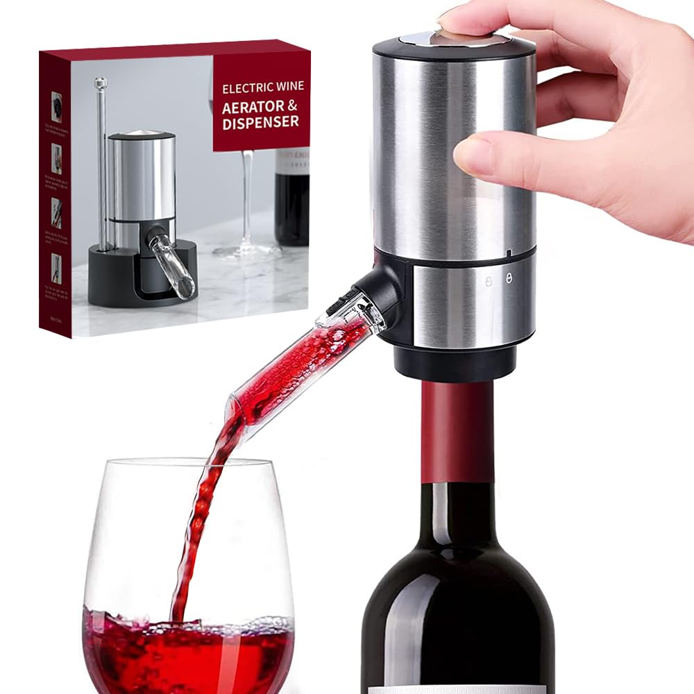 Wine Aerator Electric Wine Aerator and Decanter,One Touch Smart Wine Decanter with Storage Base and Retractable Tube,Ideal Gift for Wine Lovers(Stainless Steel - Battery Operated)