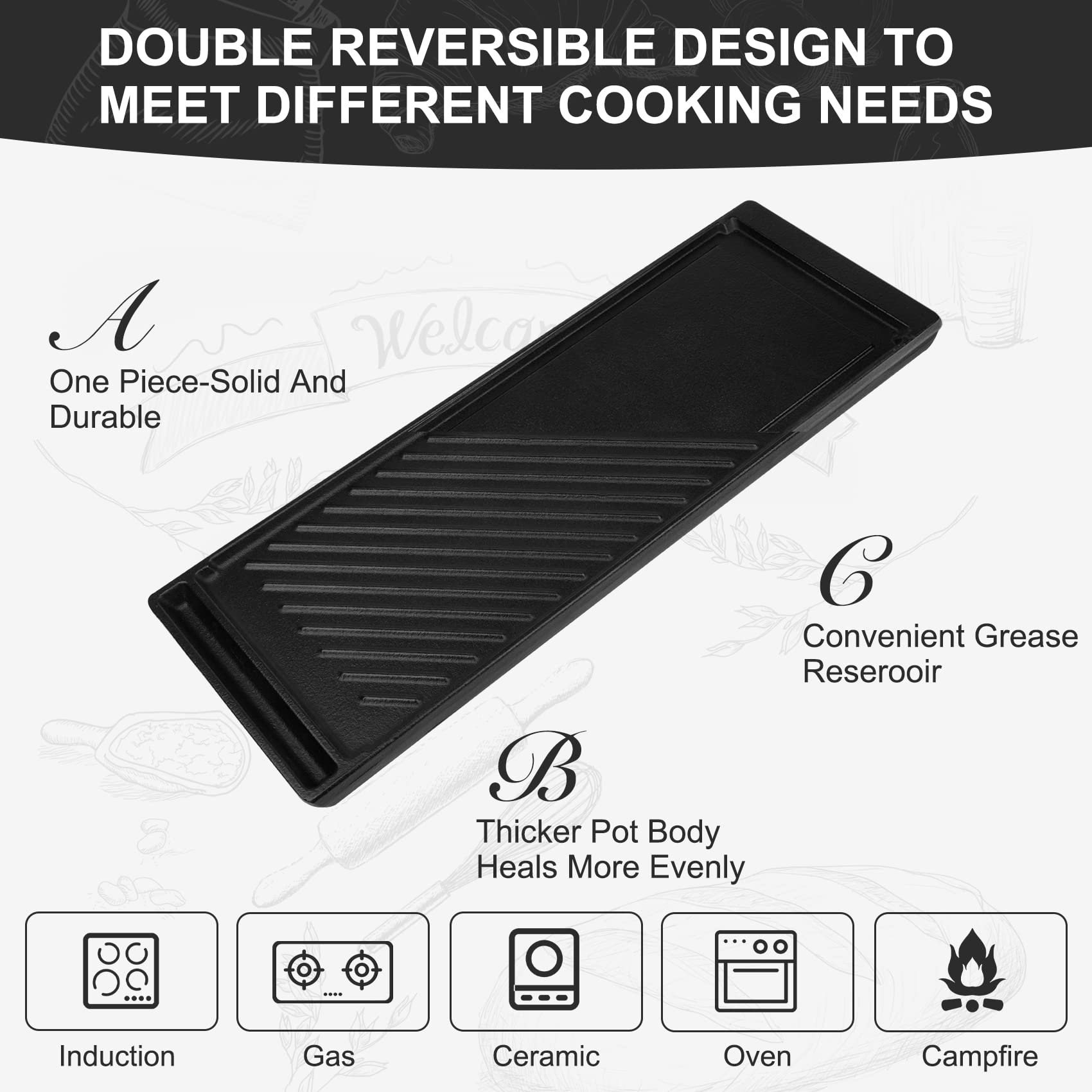Upgraded DG61-00859A Griddle Compatible With samsung Stove Parts Top Griddle Plate,AP5957987 4011077 PS10063201 Heavy Duty Cast Iron Reversible Griddle/Grill Combo(Not Universal)-1 Year Warranty