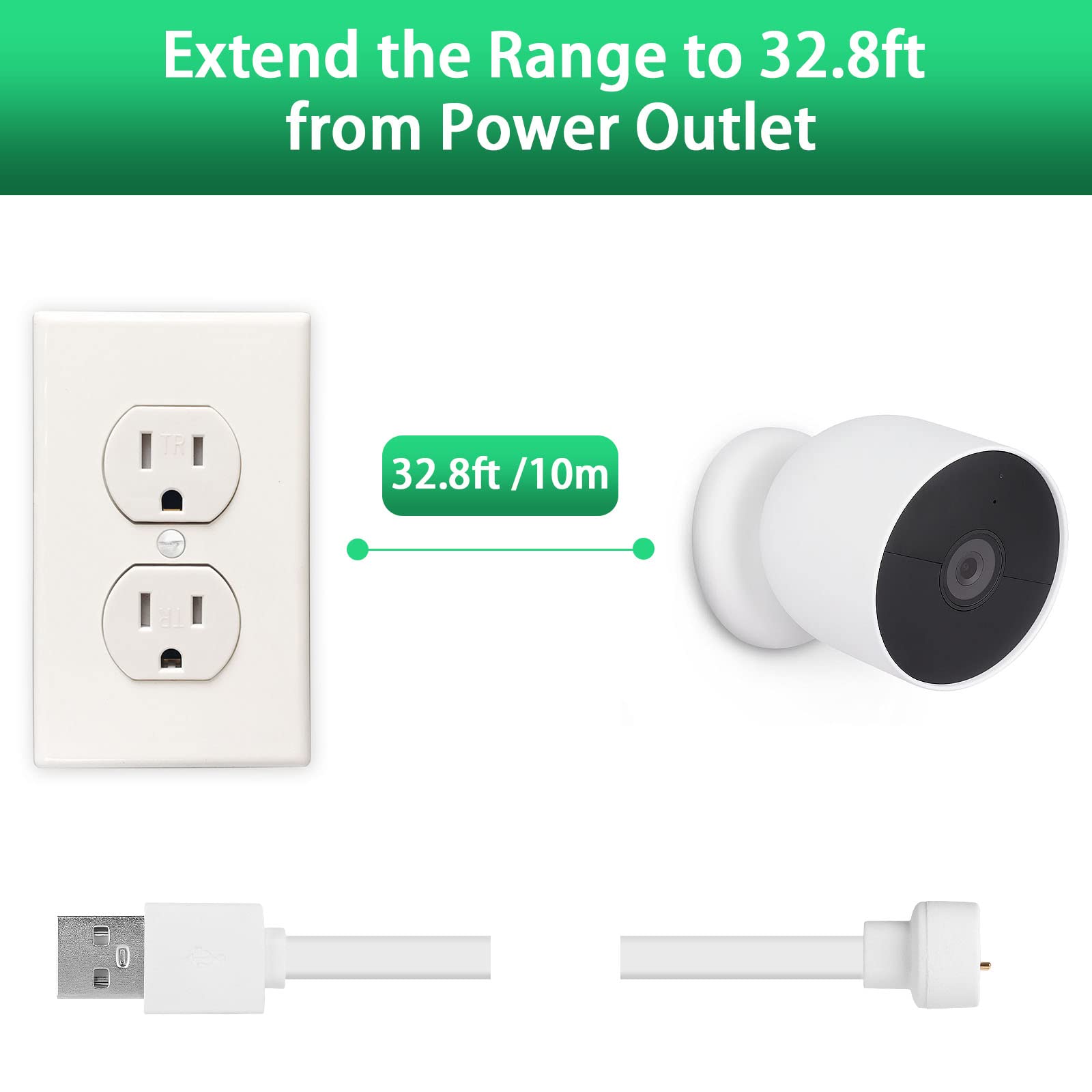 UYODM Power Cable Compatible with Google Nest Cam Outdoor or Indoor, Battery - 32.8ft/10m Weatherproof Charging Cable Power Your Nest Cam (Battery) Continuously(3Pack-White)