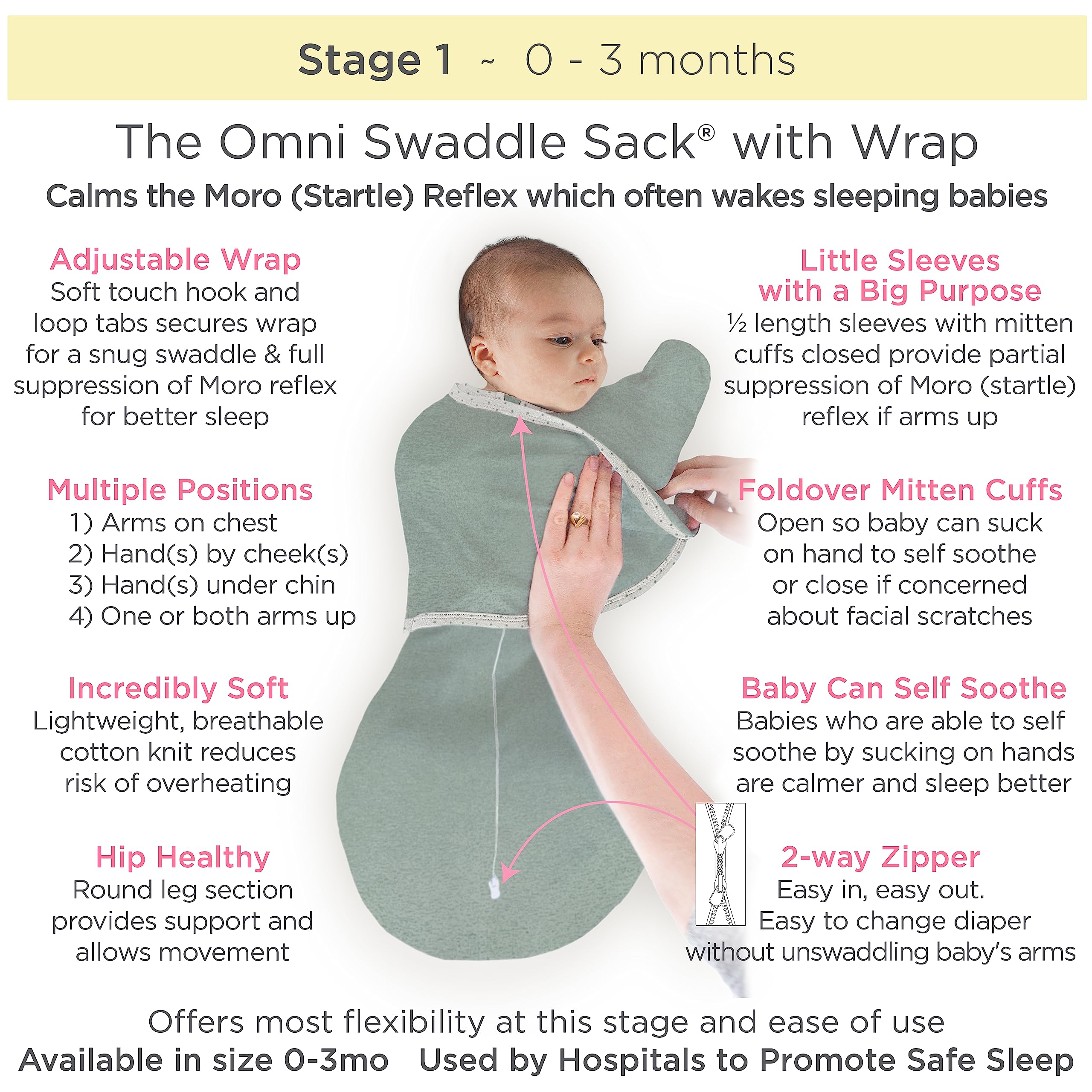 SwaddleDesigns 6-Way Omni Swaddle Sack for Newborn with Wrap & Arms Up Sleeves & Mitten Cuffs, Easy Swaddle Transition, Better Sleep for Baby Boys & Girls, Heathered Gray, Small, 0-3 Months