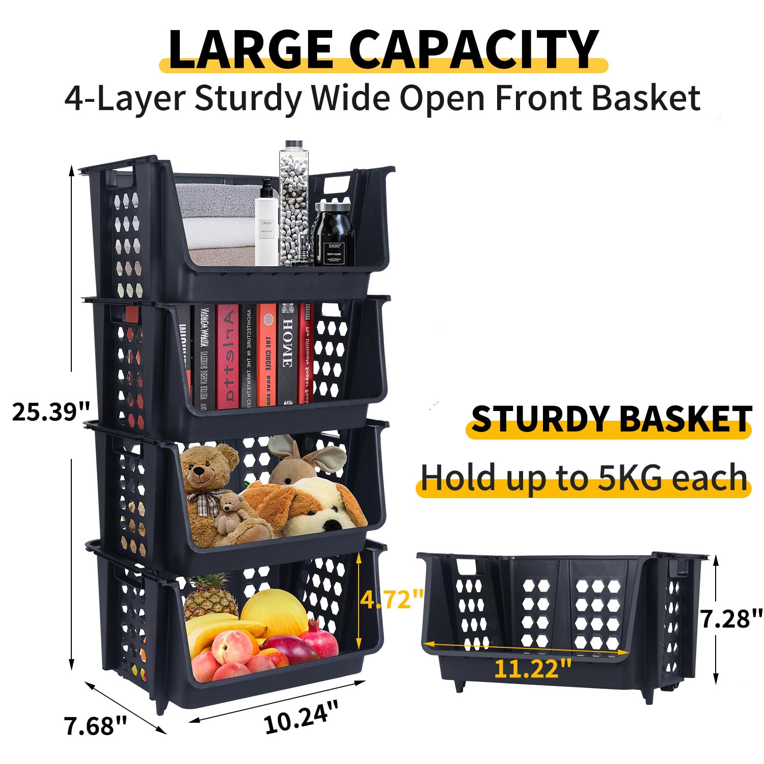 SAglorb Large Plastic Containers for Organizing and Stackable Storage Bins for Kitchen, Pantry Organization,Office or Bathroom,11.22-Inch x 7.68-Inch x 7.28-Inch 4-Pack,Black