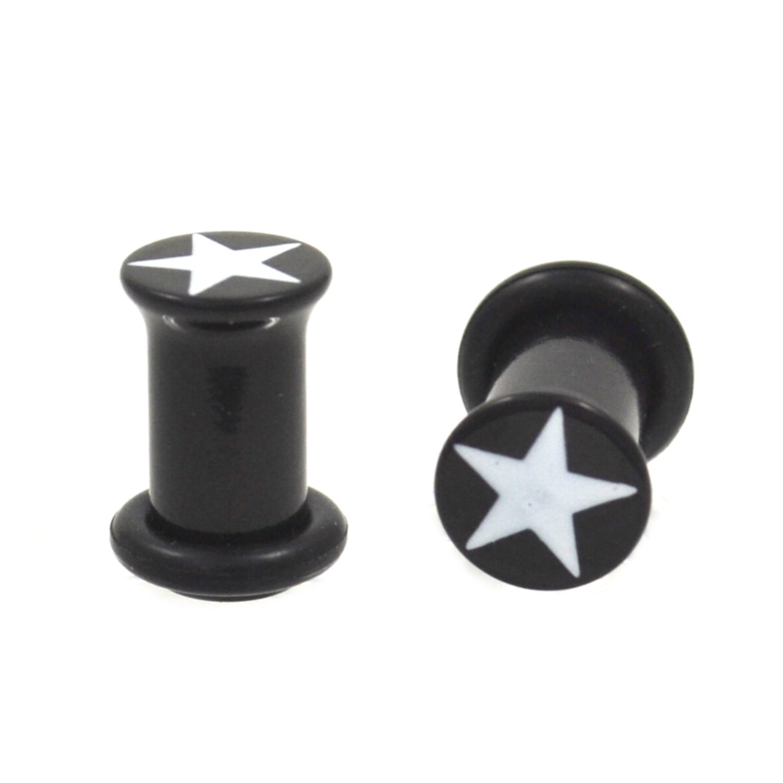 Pair (2) Black & White Star Logo Ear Plugs Tunnels Single Flare Acrylic Gauges- 2G 6.5MM