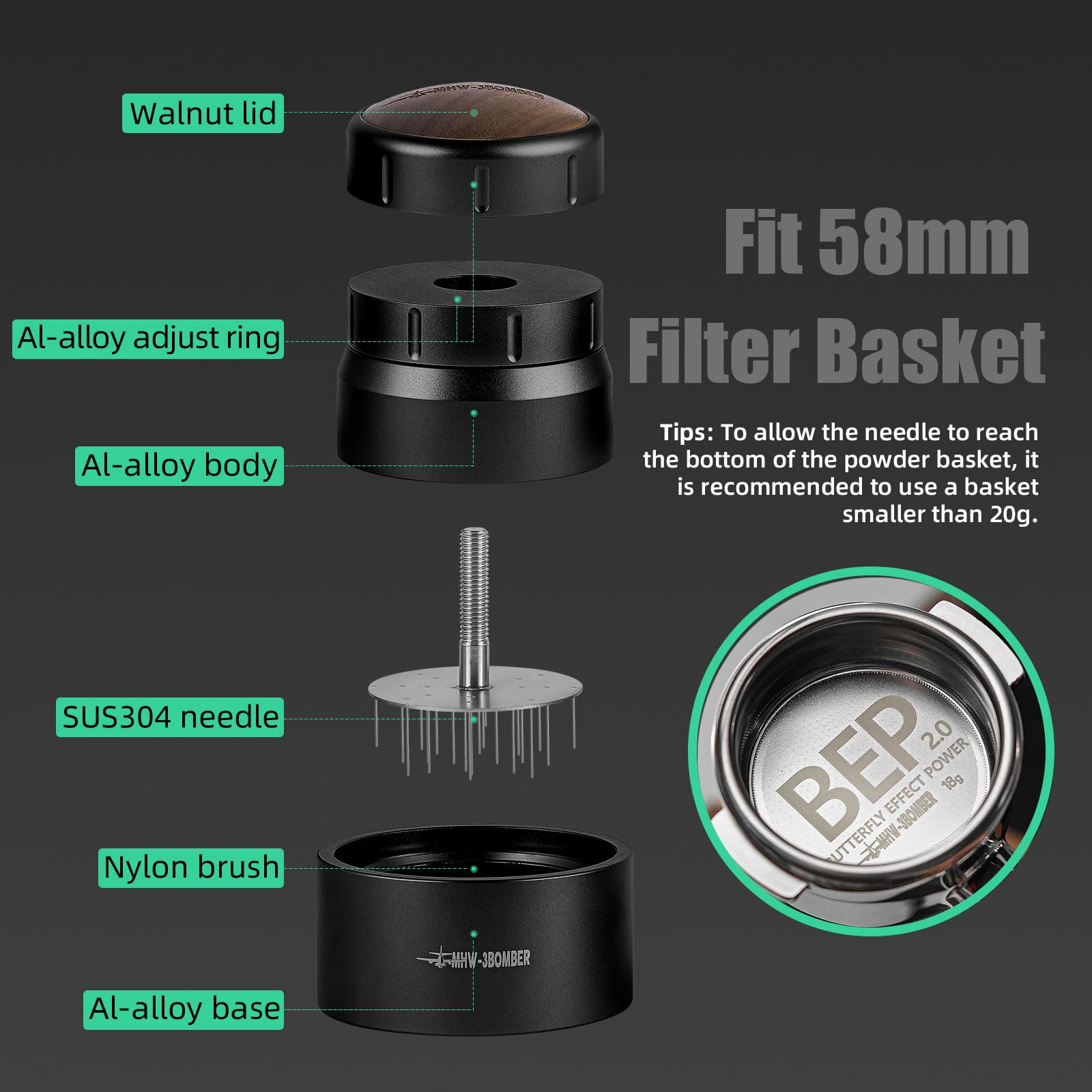 MHW-3BOMBER 58mm Espresso WDT Tool, Professional Coffee Distributor Tool for Baristas with Clean Base, All-in-one Coffee Powder Stirring Tool - Espresso Machine Accessories, T6021B