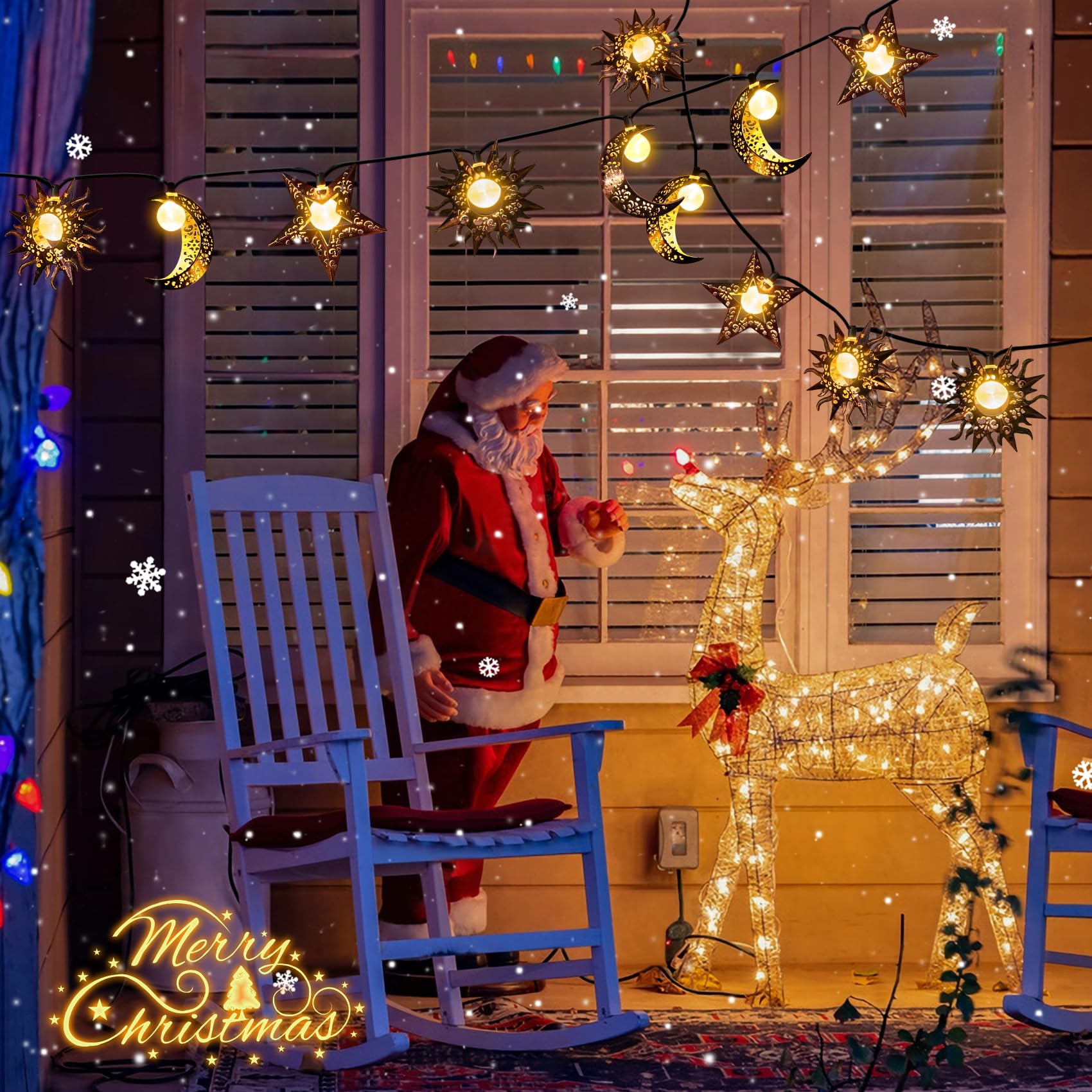 Solar String Lights Outdoor Star Moon Sun 13Ft 153In Led Solar Powered Fairy Decorative Lights for Garden Patio Yard Wedding Party (Warm White) (Moon String Lights)