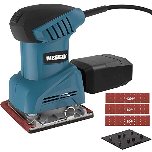 WESCO Palm Sander Tool, 2.0 Amp 1/4 Sheet Palm Sanders for Woodworking, 12,000 OPM Electric Sander Sander with Dust Collector, Punch Plate & 12 Sanding Discs, Vacuum Adapter, Quick Locking System