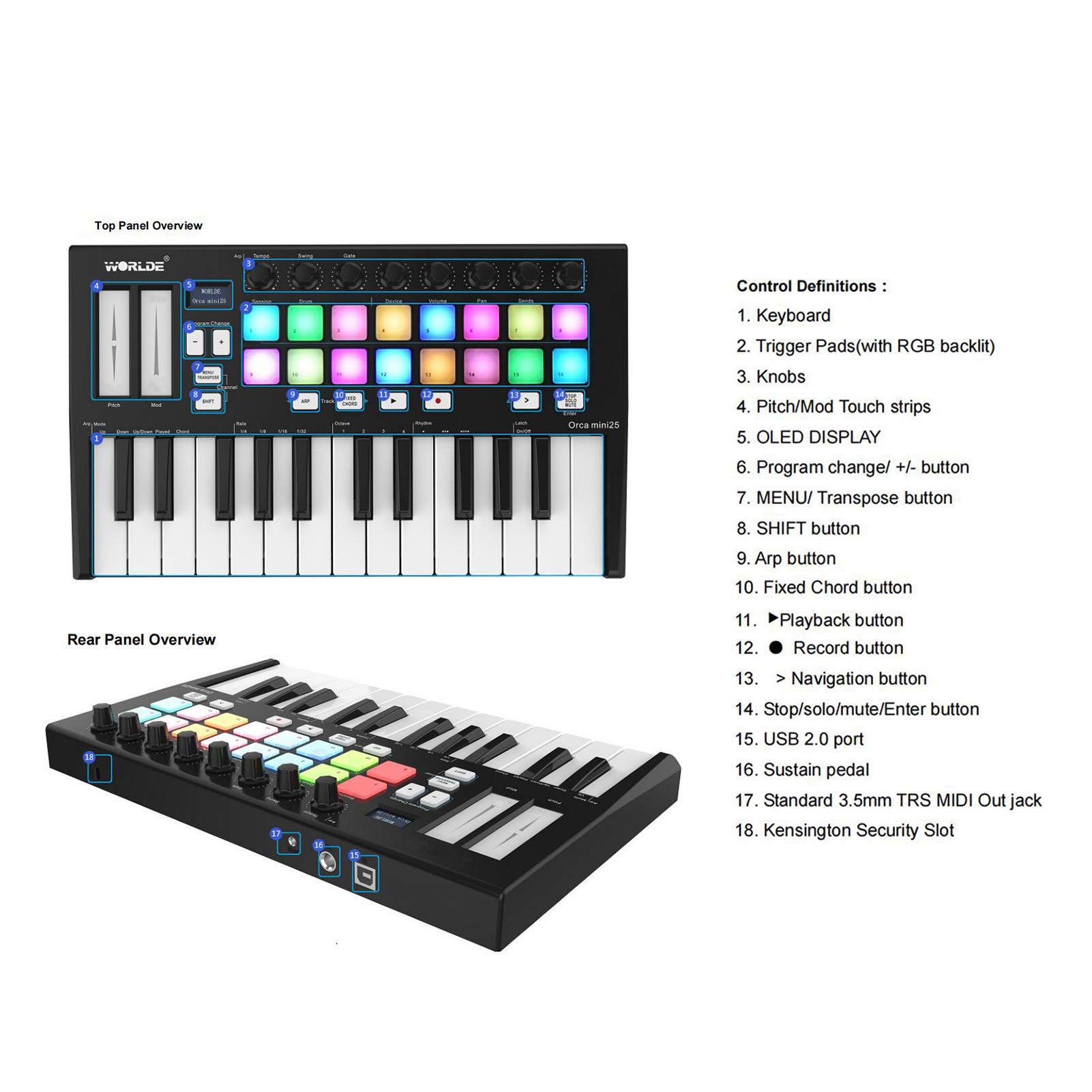 Taruor USB MIDI Keyboard Controller, Portable 25-Key USB MIDI Keyboard Controller with 16 RGB Backlit Trigger Pads 8 Assignable Control Knobs