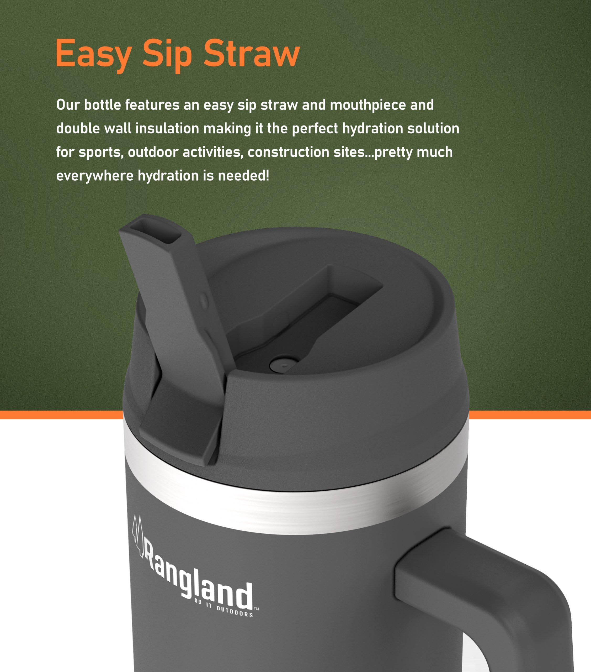RANGLAND Leakproof 40 oz Tumbler with Handle and Protective Carrying Sleeve - Insulated Water Bottle Cup with Spill proof Straw Lid and Hand Strap (40 Ounce) Charcoal Gray