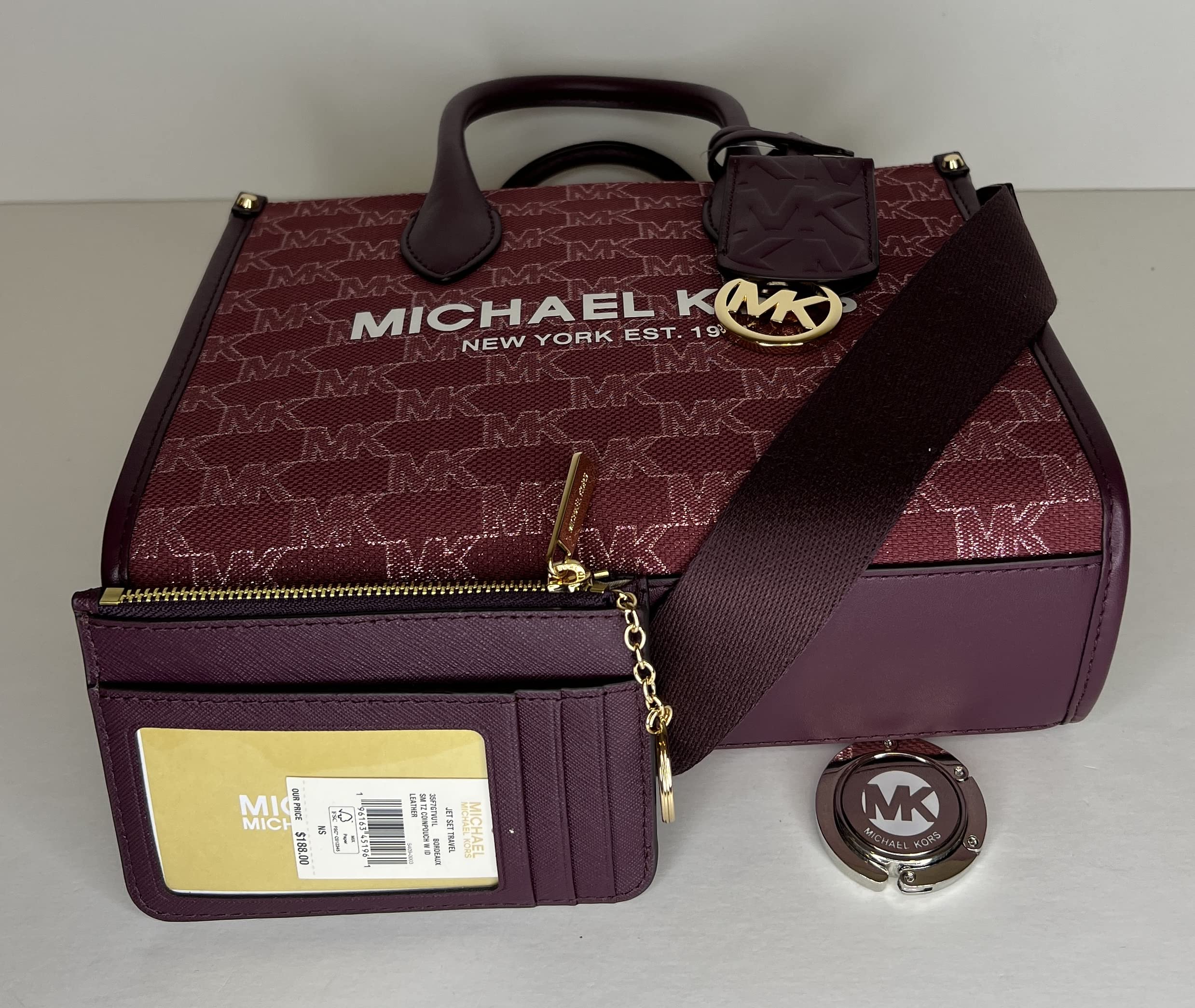Michael Kors Mirella Small Shopper Top Zip Bag Bundled SM TZ Coinpouch Purse Hook (Mulberry Logo/Bordeaux)
