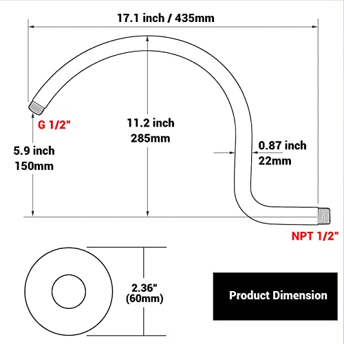 TRUSTMI S Shaped Shower Arm with Flange 17 Inch Extension with 6 Inch High Rise Gooseneck Arm for Rainfall Shower Head, Wall Mounted, Oil Rubbed Bronze