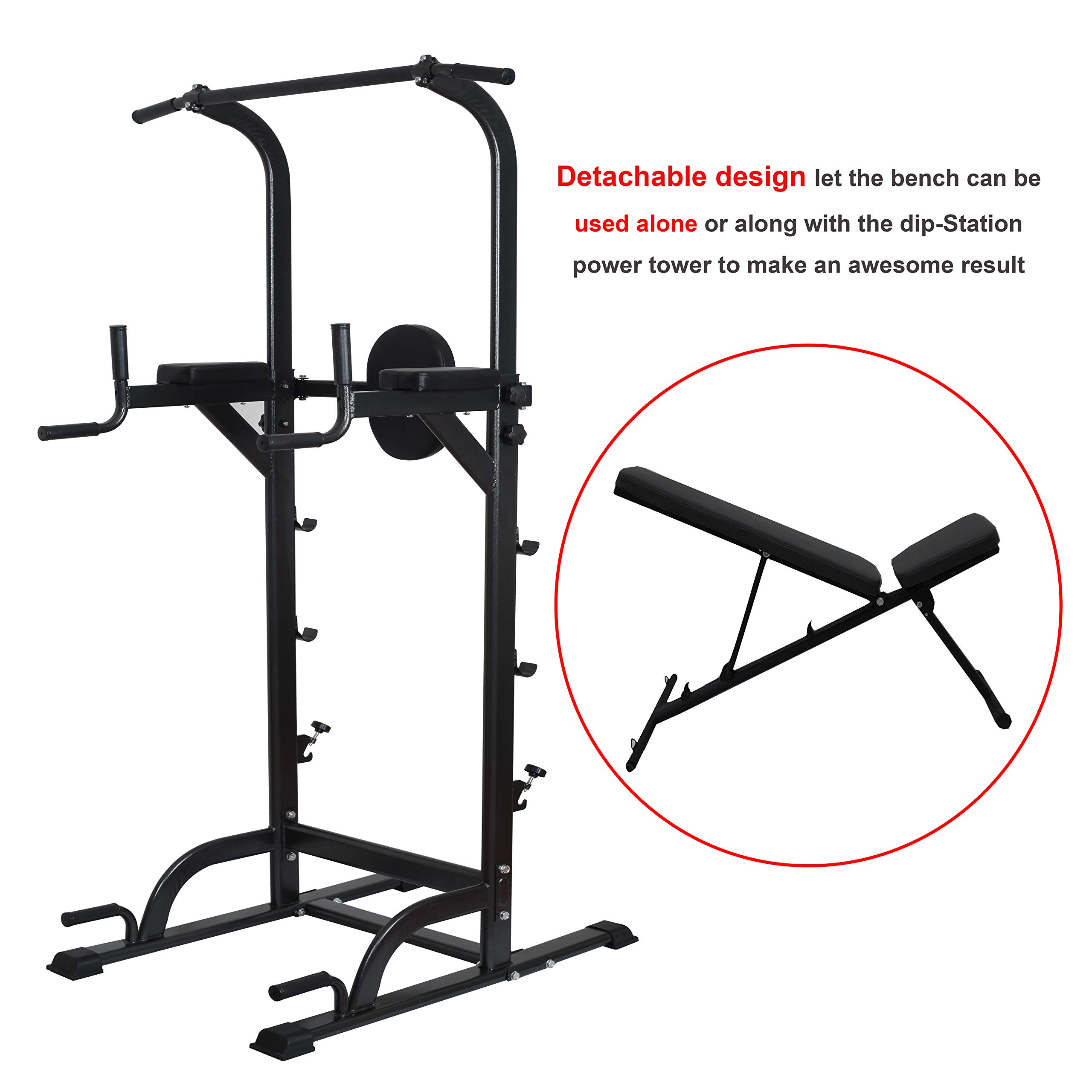 Power Tower Dip Station High Capacity 800lbs w/Weight Sit Up Bench Adjustable Height Heavy Duty Steel Multi-Function Fitness Pull Up Chin Up Tower Equipment for Home Office Gym Dip Stands (Black)