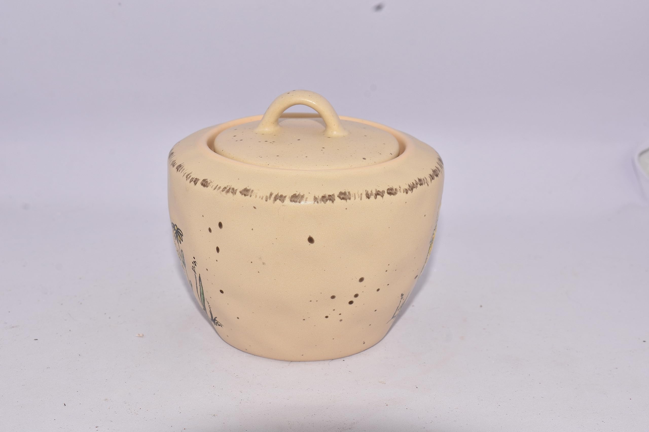 New Yellow Baby Chick with Flower On Tan Speckled Color Stoneware Sugar Bowl Jar Holder with Lid