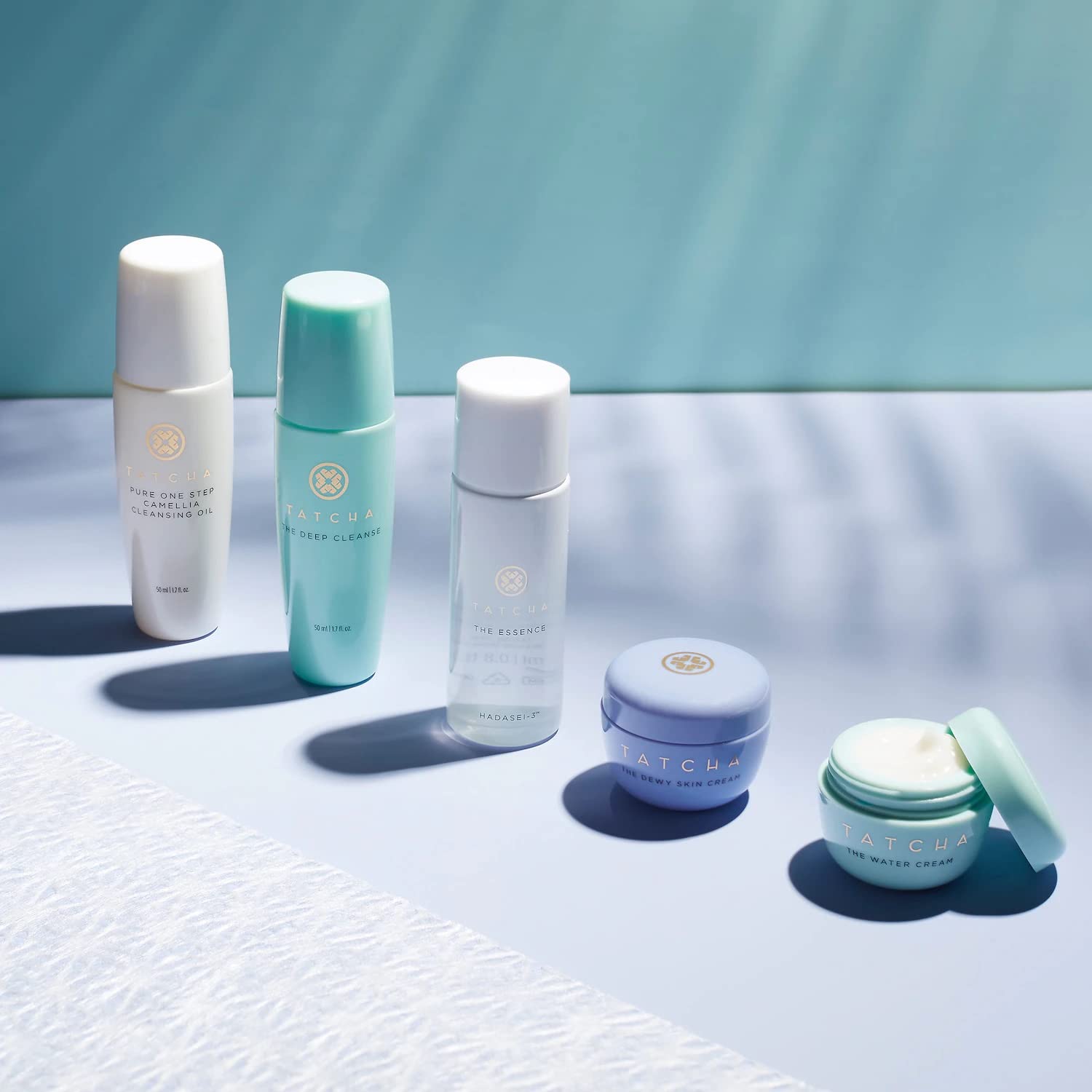 Tatcha Mini Treasures Set: Dewy Skin Cream, Water Cream, Deep Cleanse, Essence & One Step Camellia Cleansing Oil