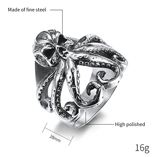 Retro Vintage Stainless Steel Octopus Gothic Punk Halloween Cocktail Party Biker Ring (Silver, 8)