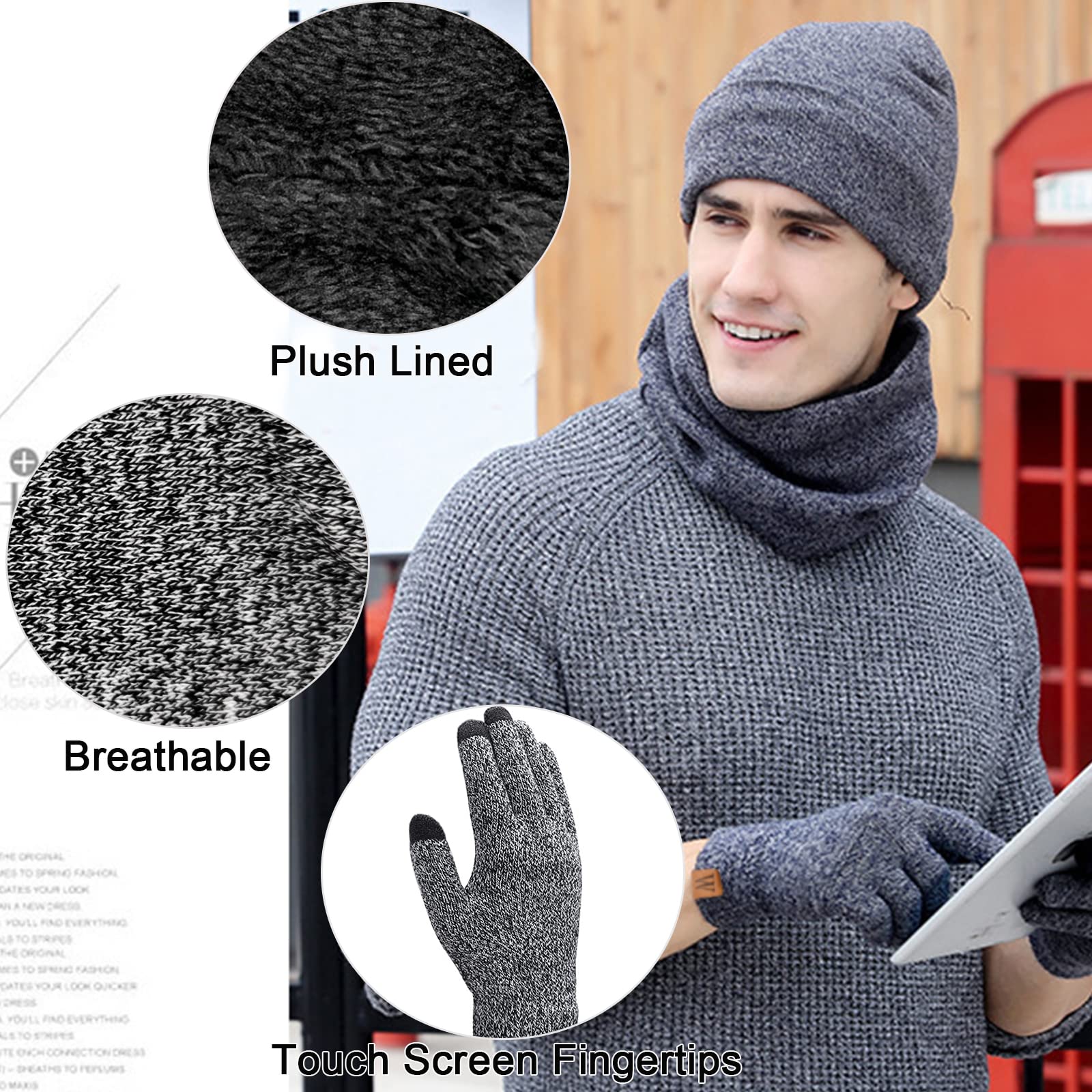 Mens Winter Hat Scarf Gloves 3 in 1, Fleece Lined Thick Warm Beanie Hats Set, Knit Slouchy Skull Caps (Black)