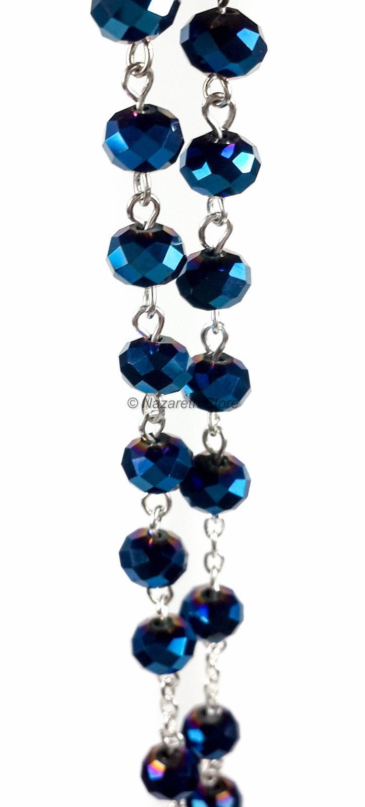 Nazareth Store Deep Blue Crystal Beads Rosary Catholic Necklace Holy Soil Medal Cross Crucifix Velvet Bag