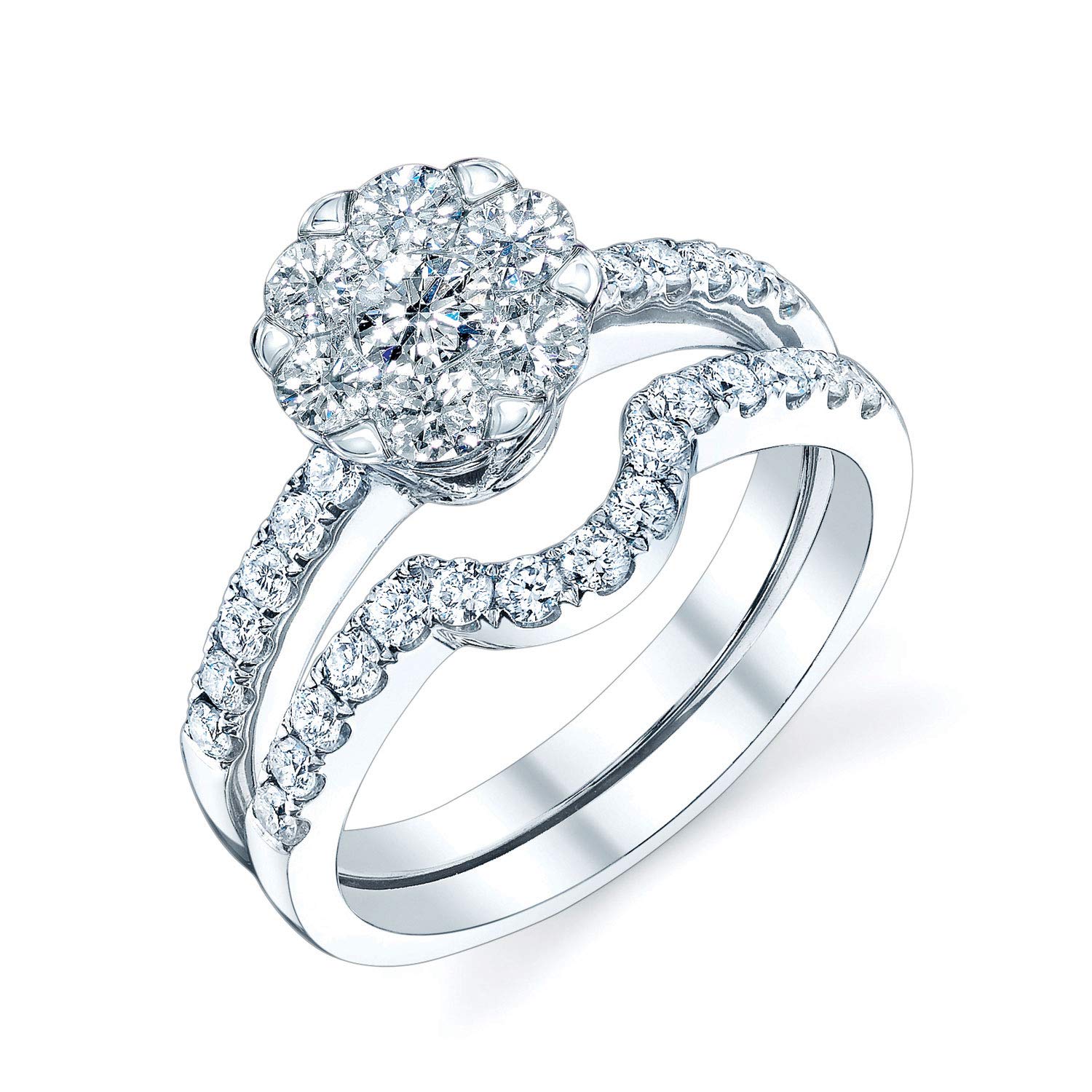 Olive & Hill Fine Jewelry 14K White Gold 1-1/8 Cttw Diamond Pave Round Cluster Engagement & Wedding Ring Set (H-I Color), Size 7