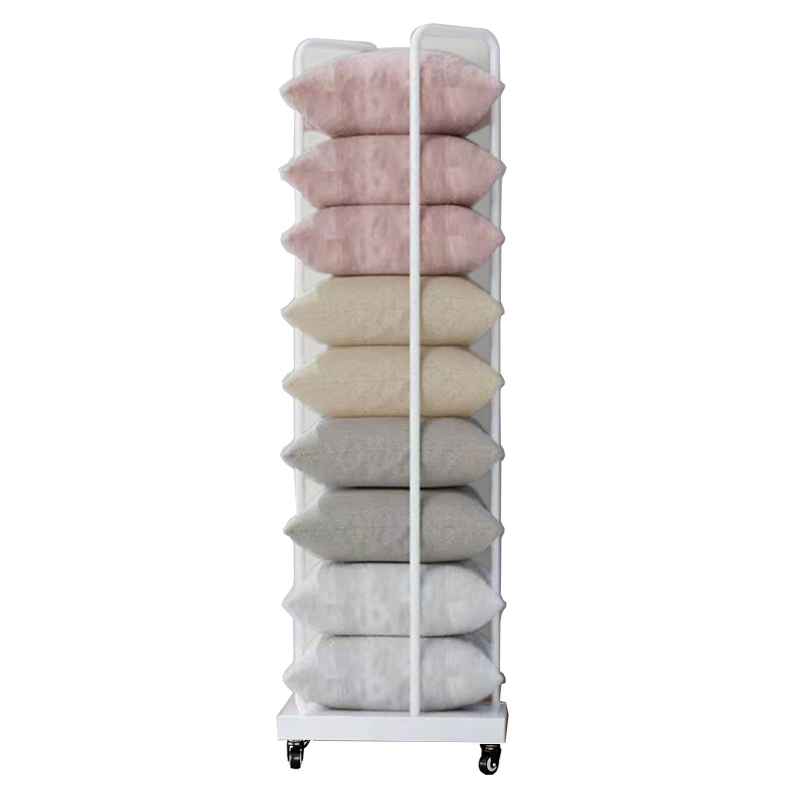 YJEUZCD Metal Pillow Display Rack, Portable Movable Quilt Display Stand, Shop Pillow Organizer Holder, Cushion Storage Rack (Color : White-B, Size : 46x46x142cm)