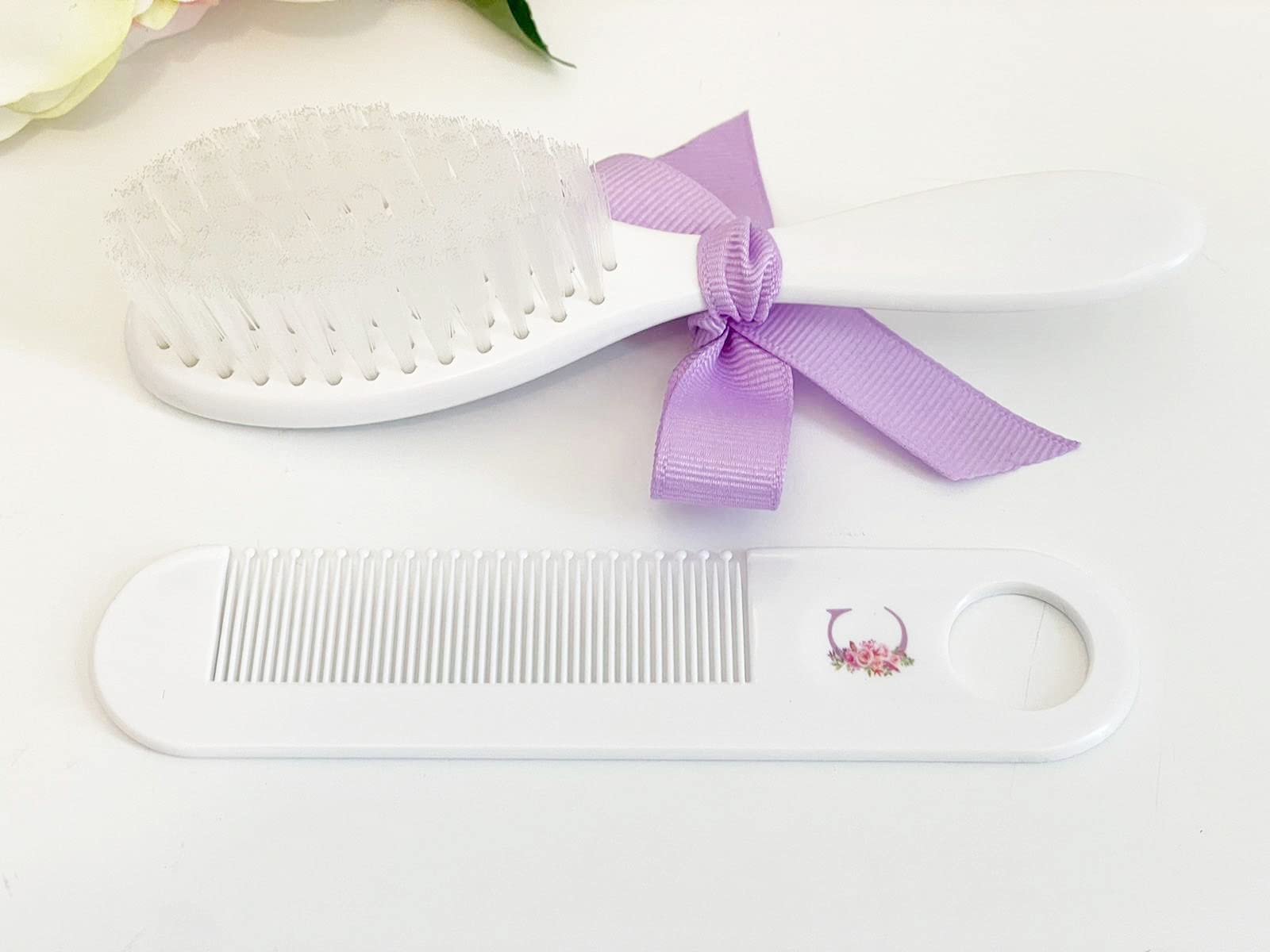 Personalized Baby Gift Girls - Baby Brush and Comb Set, Suitable for Ages 0-3 Years, New Baby Gift - Floral Initial Purple, Baby Gift