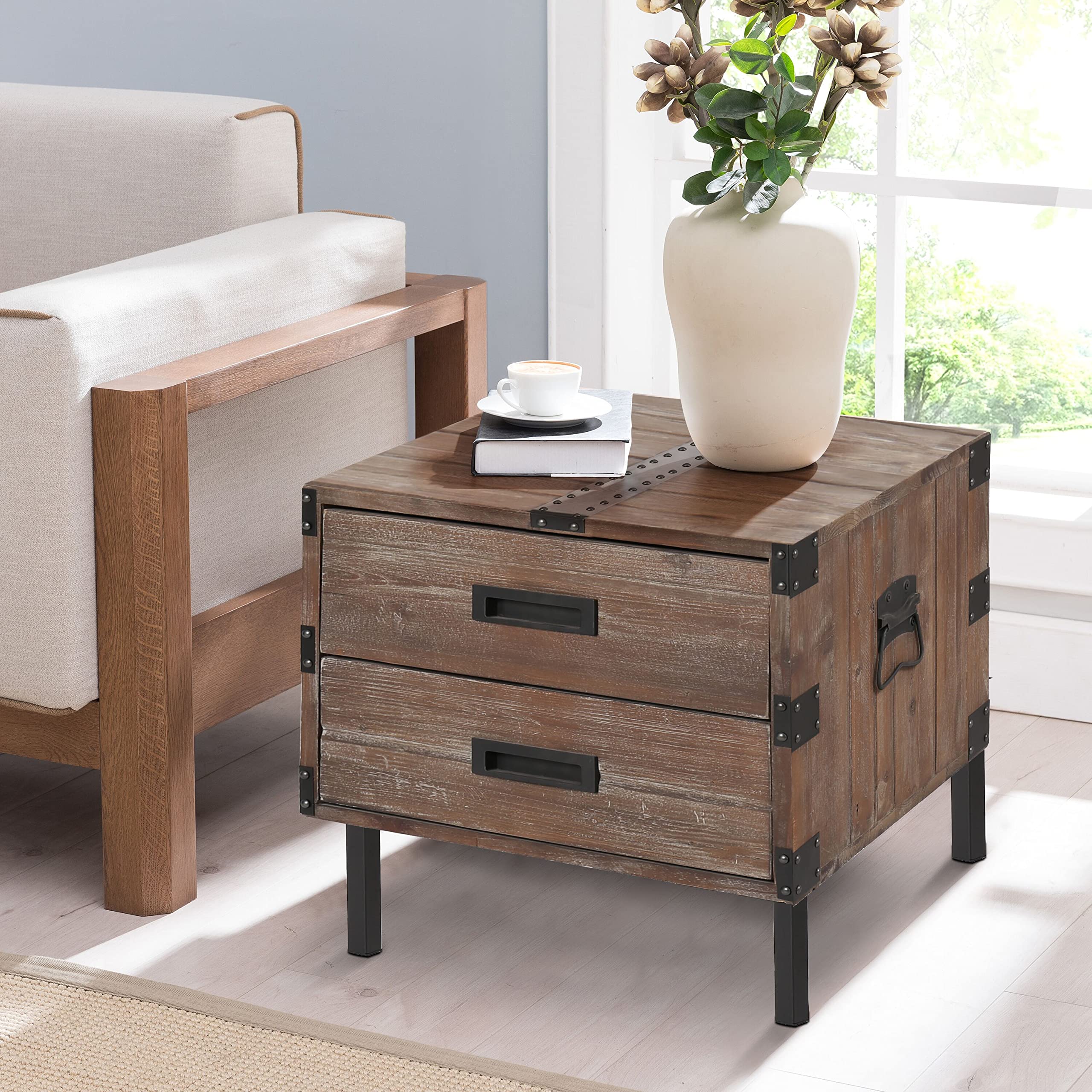 NewCosmos Antique Gray Solid Wood Table Set 3-Piece Furniture Ensemble with Storage Trunk & Side Tables - Eco-Friendly, Versatile Home Decor