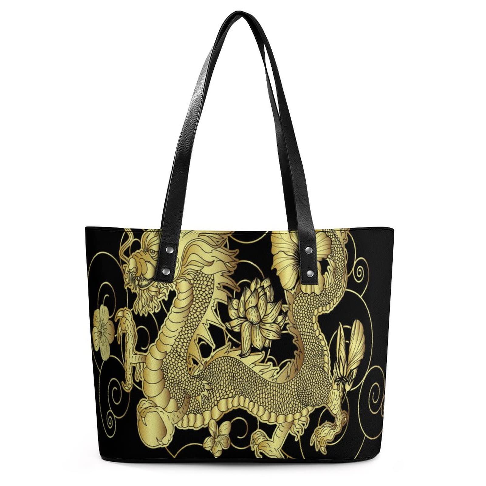 Womens Handbag Golden Dragon Leather Tote Bag Top Handle Satchel Bags For Lady
