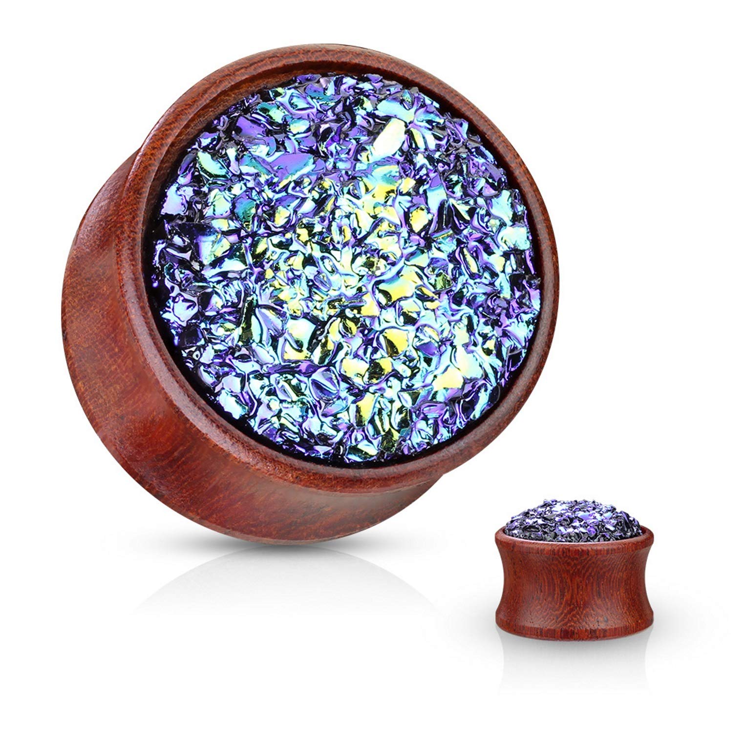 Pair of Blue Faux Druzy Stone Wood Ear Plugs Double Flared Organic Gauges (00 Gauge (10mm))