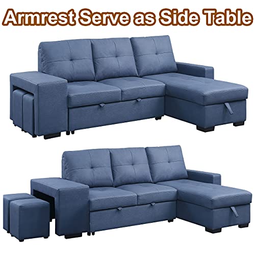 Sectional Sofa with Pull-Out Sleeper, HABITRIO Solid Wood&Blue Fabric Upholstered 97" L-Shaped Sofa Bed&Reversible Storage Chaise Lounge, Side Table Armrest w/ 2 Ottoman, Seating Couch for Living Room