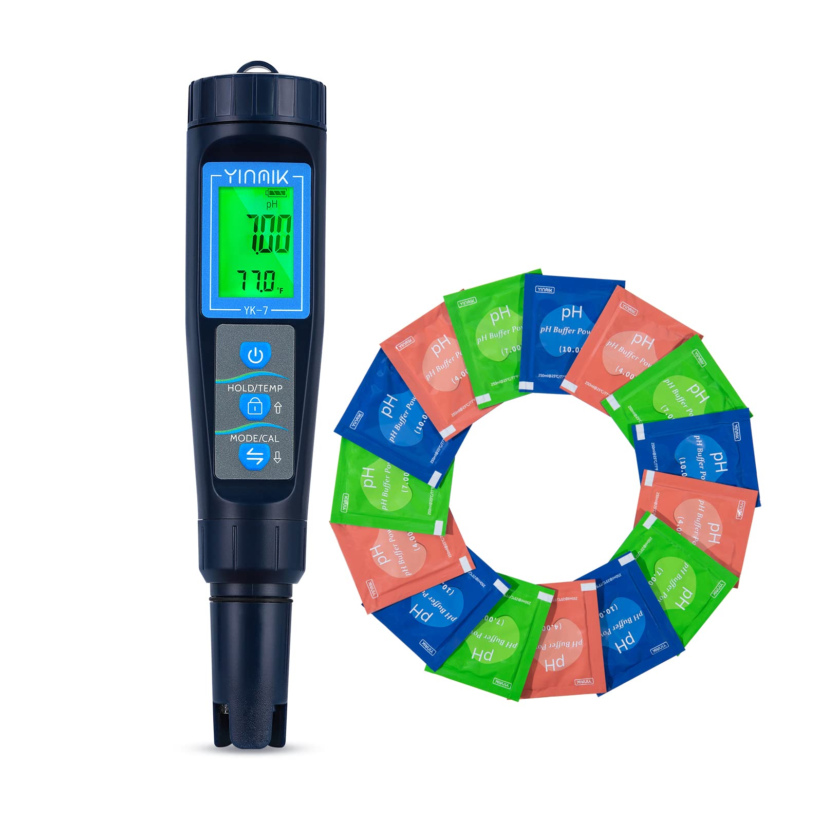 YINMIK 7 in 1 Digital pH TDS EC ORP Salt S.G Temp Meter with 15 Pack pH Calibration Buffer Powder