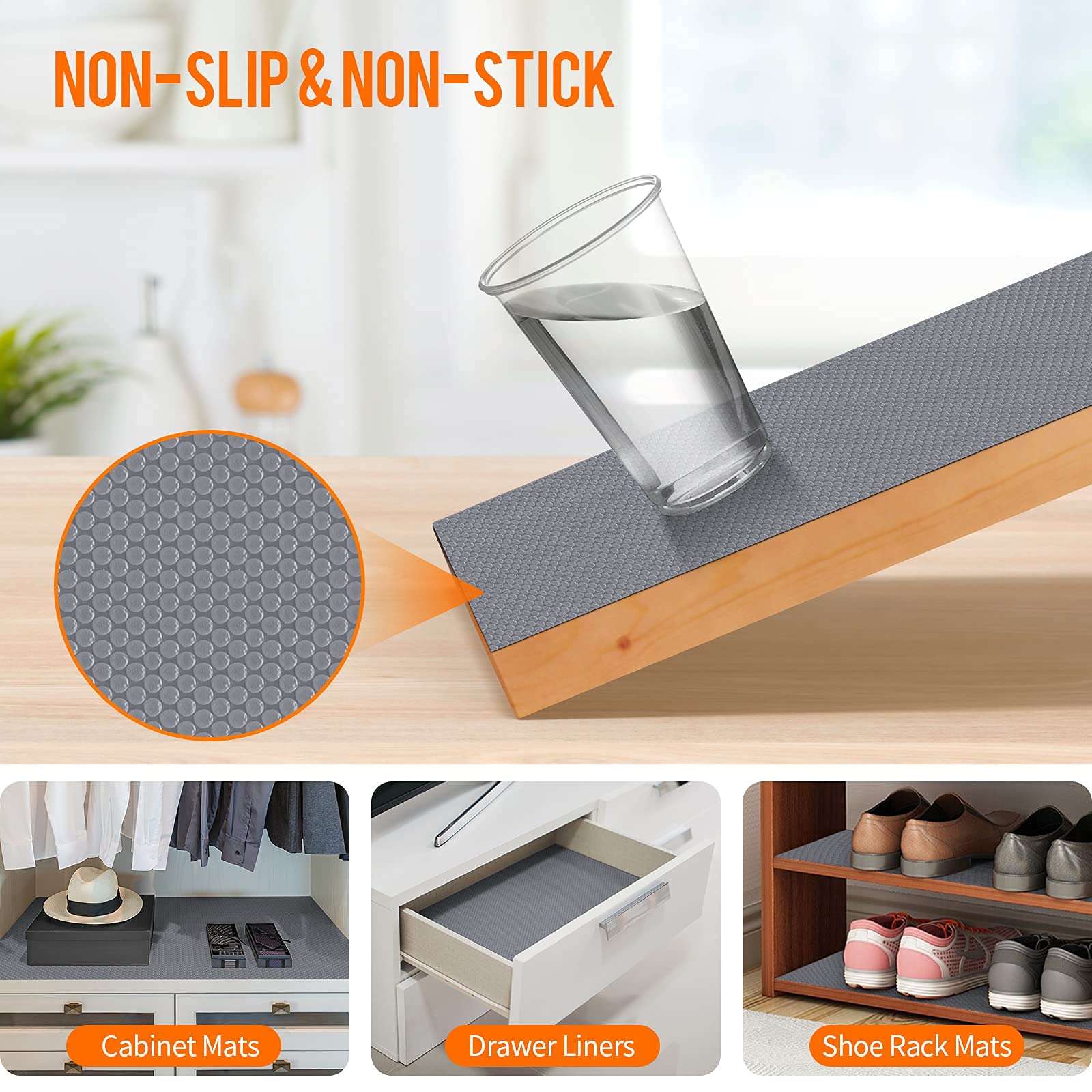 Shelf Liners for Kitchen Cabinets Non-Adhesive, Drawer Mats Liner for Bathroom, Plastic Pantry Shelf Liner Non Slip, Waterproof Washable Cabinet Protector Liners for Shelves, Cupboard Liner Gray