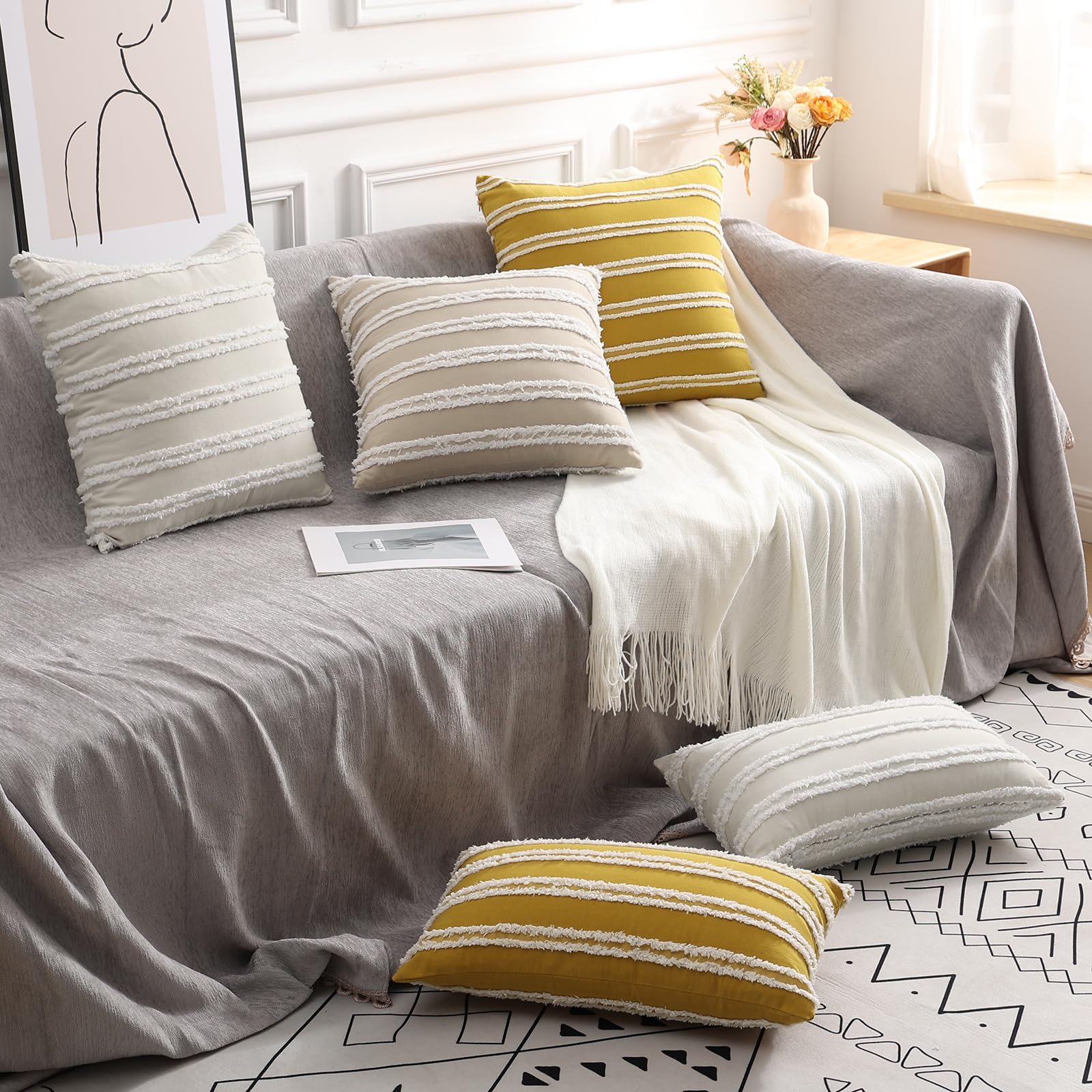 Pallene Boho Decorative Throw Pillow Covers, Neutral Striped Pillow Covers 18X18 Set of 2, Beige Cotton Linen Pillow Covers for Couch Sofa Living Room.