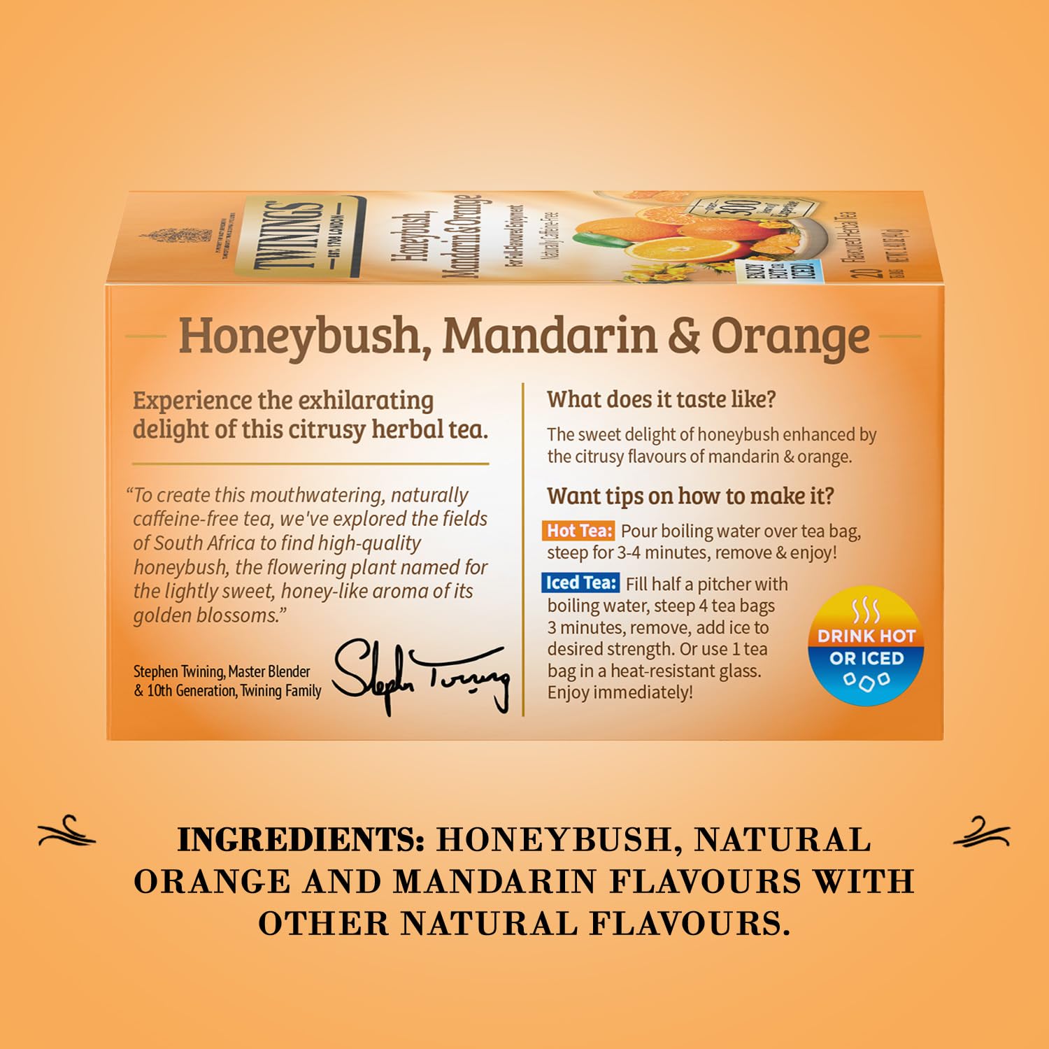 Twinings Honeybush Mandarin & Orange Herbal Tea - Naturally Caffeine-Free Tea Bags Individually Wrapped, 20 Count