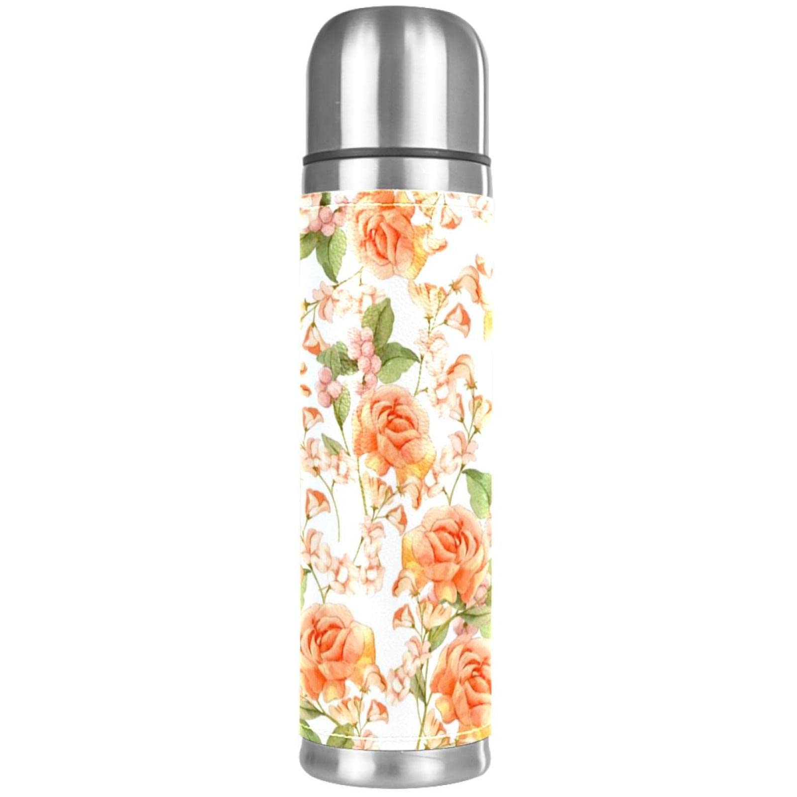 Stainless Steel Leather Vacuum Insulated Mug Flower Thermos Water Bottle for Hot and Cold Drinks Kids Adults 16 Oz