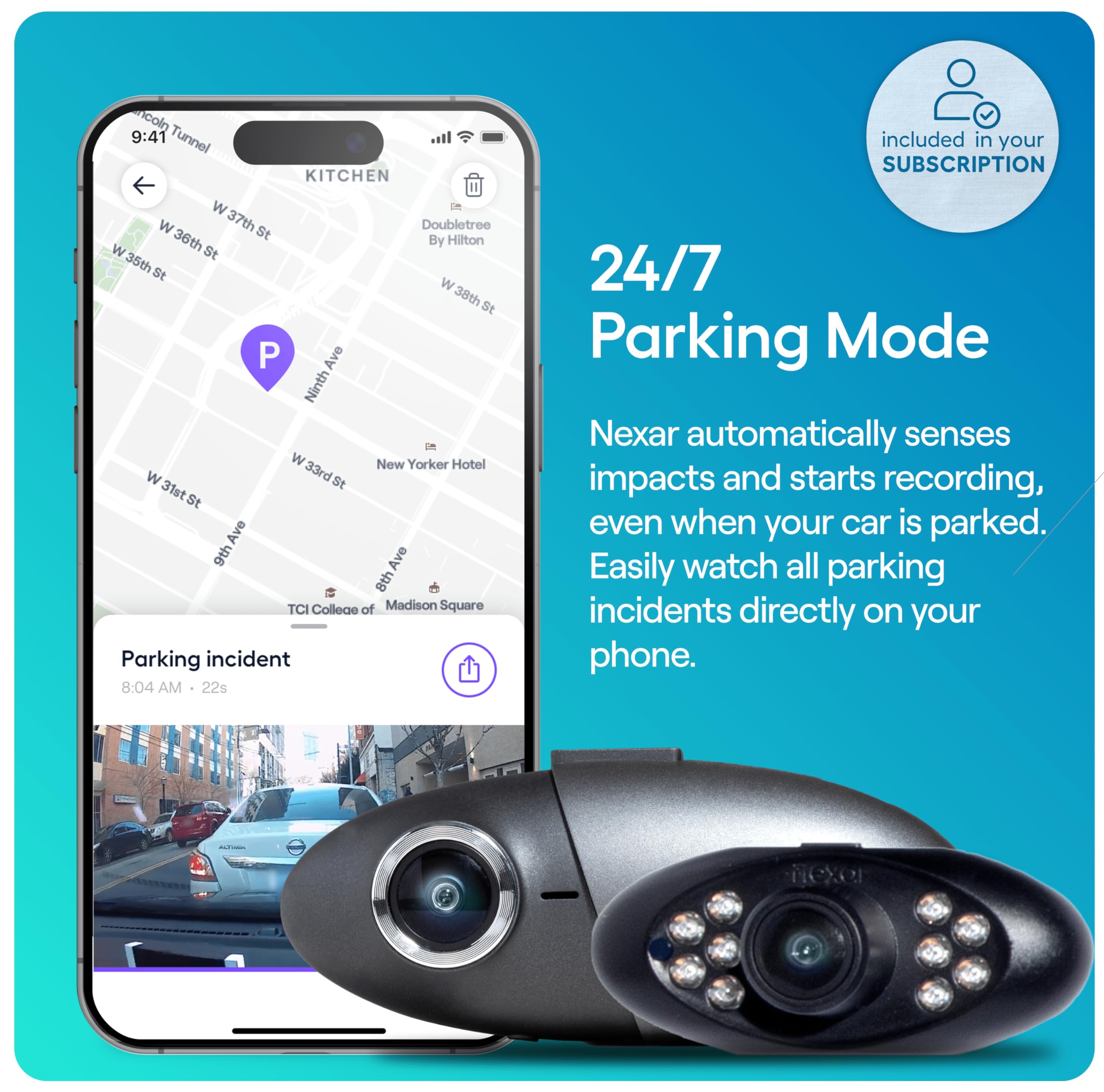 Nexar Pro Dual Dash Cam - 1 Year Nexar App Subscription Included - Unlimited Cloud Storage, Drive Recordings, Parking Mode, Night Vision, All Inside The Nexar App - WiFi HD Front Dash Cam (32 GB SD)