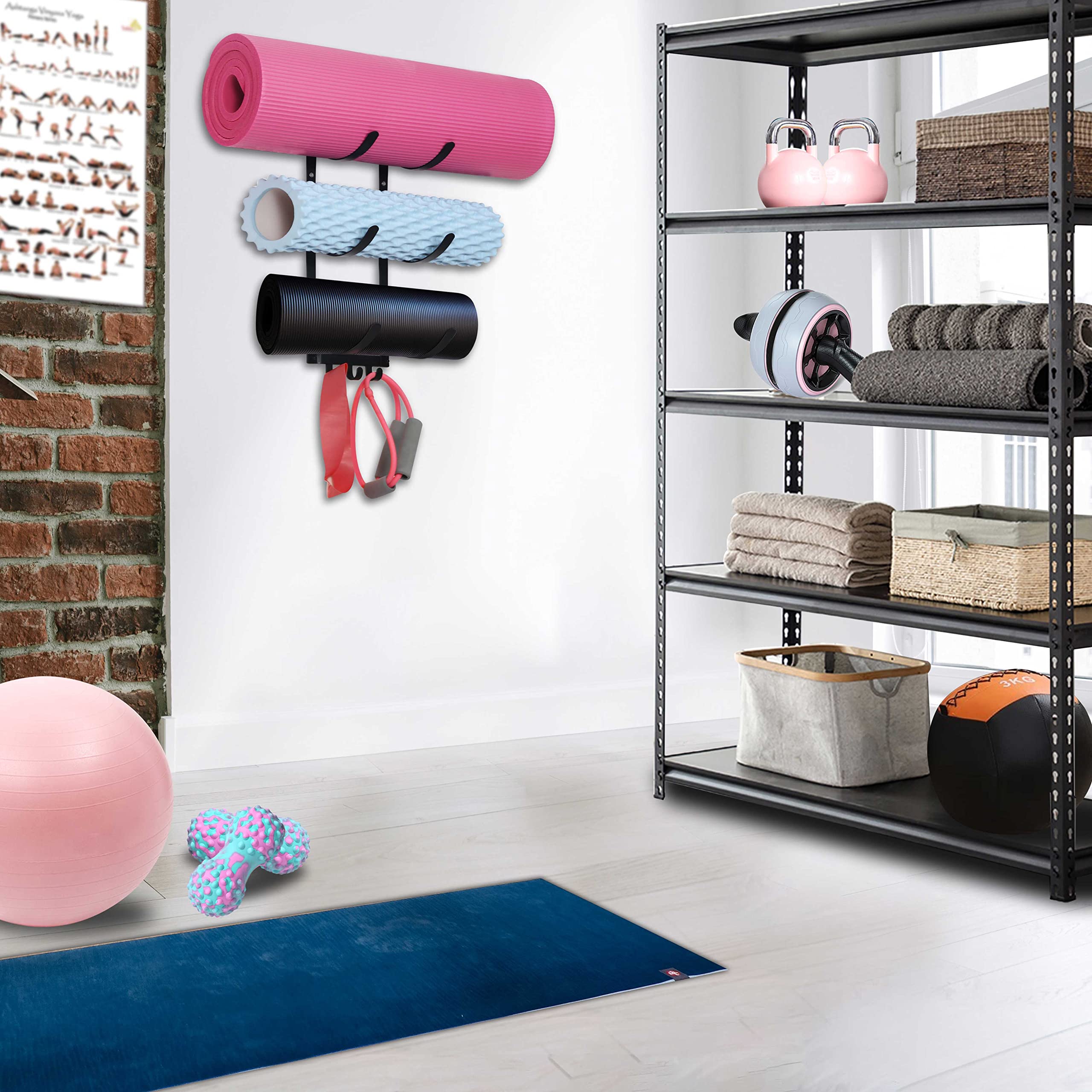 SKOLOO Wall Mount Yoga Mat Rack,Home Gym Accessories Storage Rack for Hanging Foam Rollers & Yoga Mat,3 hanger hooks for Resistance Bands or Towels,Black