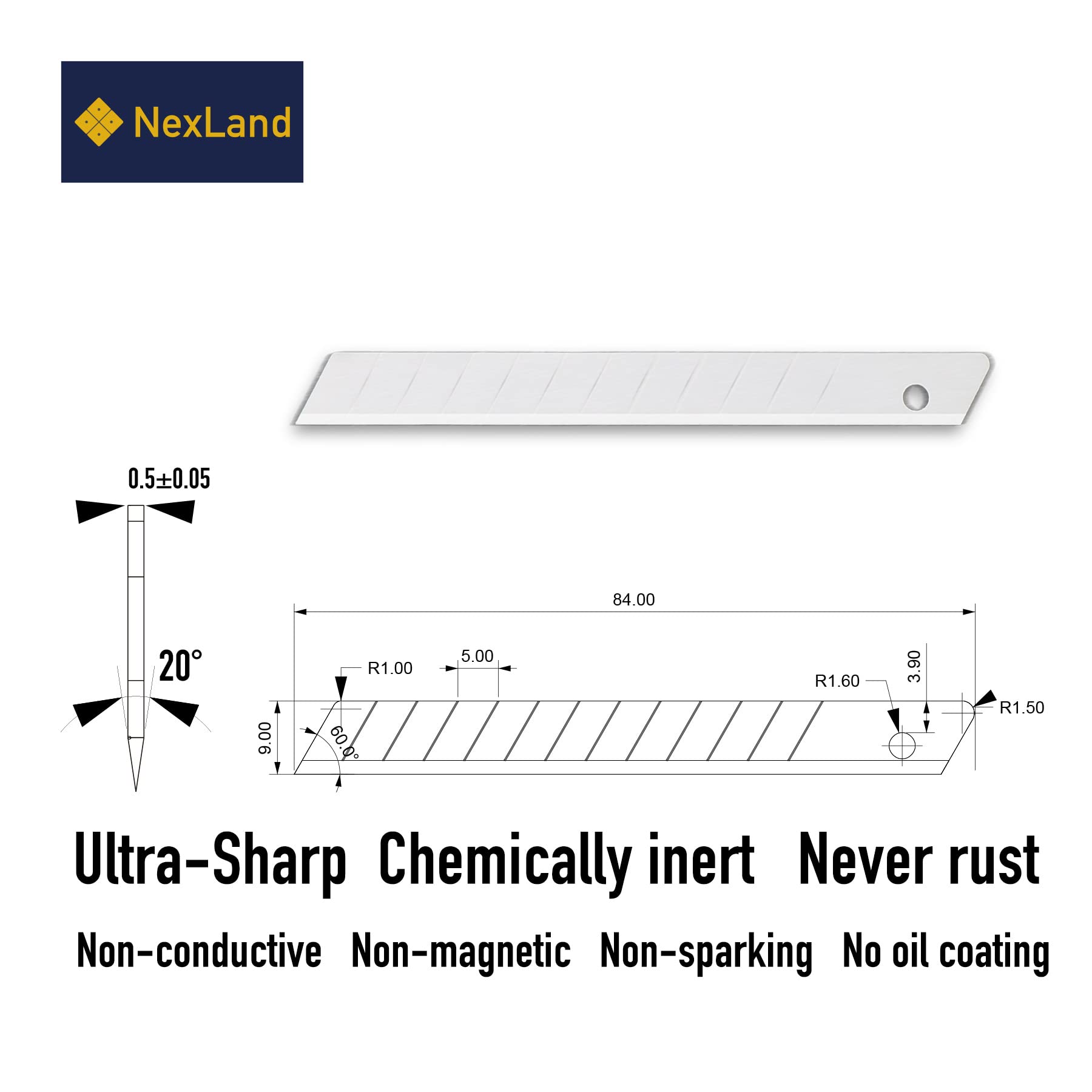 NexLand Ceramic Blade UB1 Ultra-Sharp Utility Blades 9mm 60 degree Snap-Off Utility Knife Replacement 3pcs