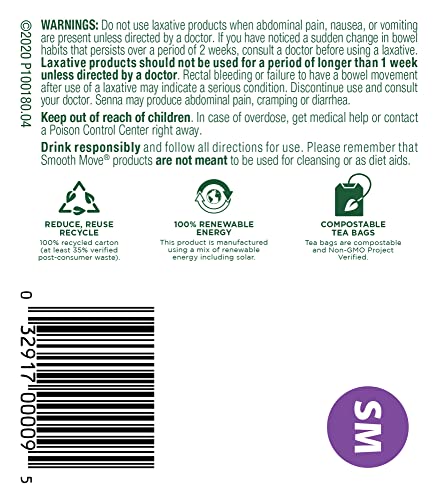 Traditional Medicinals Organic Smooth Move with Senna Herbal Tea, Relieves Occasional Constipation, (Pack of 2) - 32 Tea Bags Total