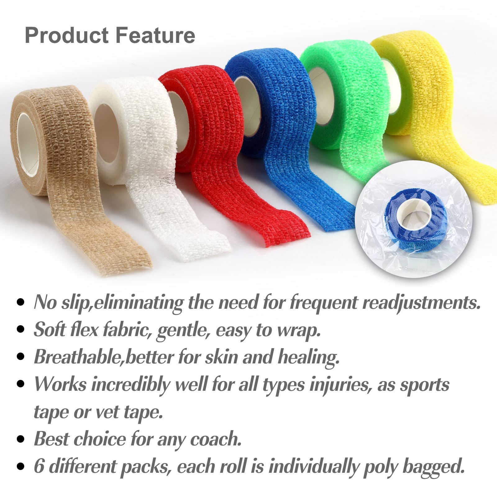 Self Adhesive Bandage Wrap,self Adherent wrap,Elastic Bandage wrap Vet Wrap for Sports Injury Wrist Ankle (1 Inch 6 Pack)