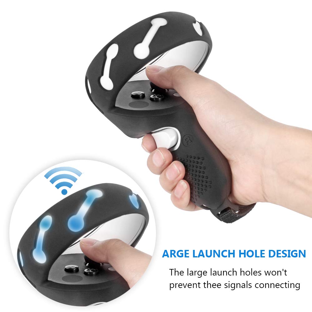 SIMUMU Upgrade Full Cover Silicone Touch Controller Grip Cover & Adjustable Wrist Knuckle Strap for Oculus Quest 2, Upgrade Signal Hole,Unblock Signal (Black)