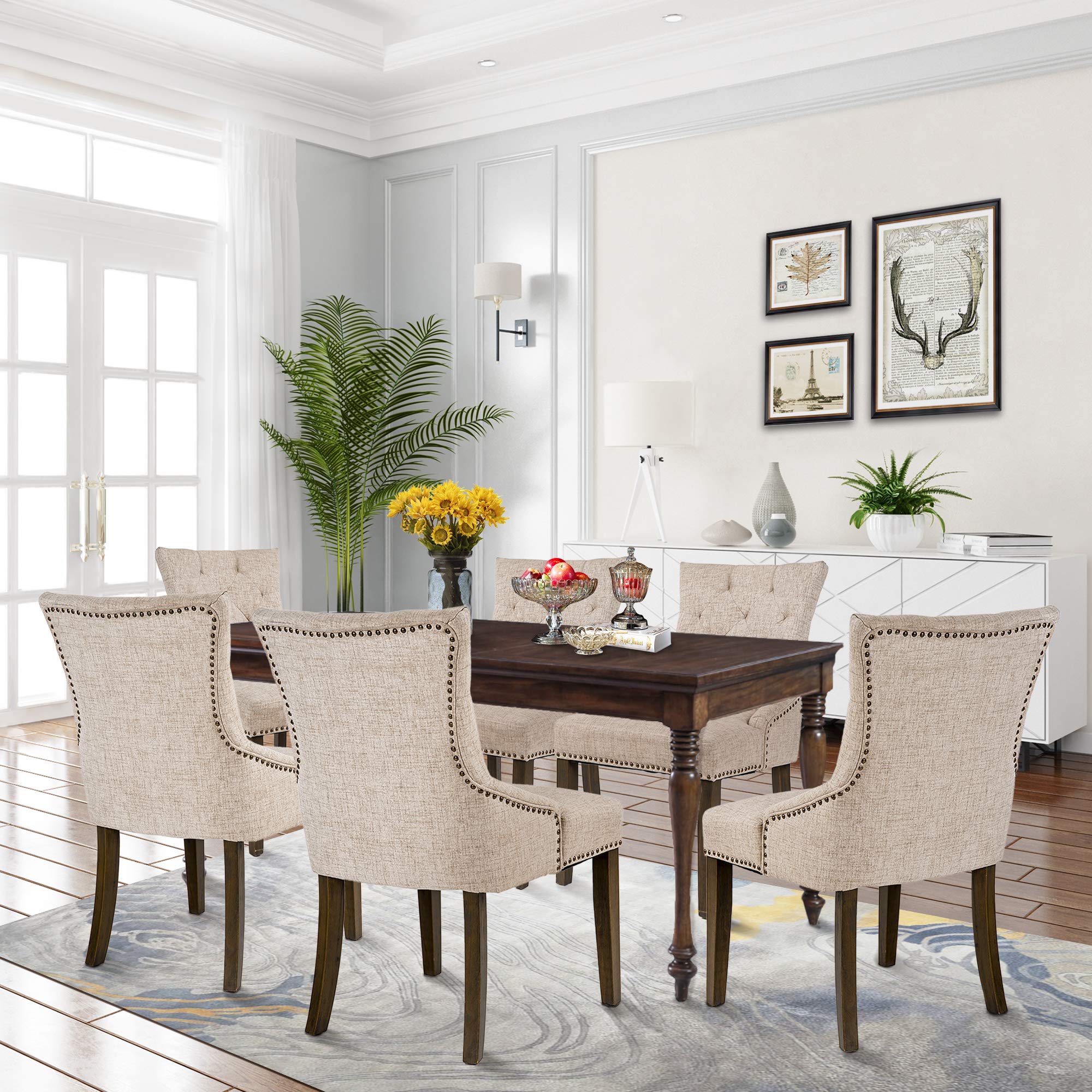 Merax Dining Chair Set of 4, Leisure Padded Chair with Armrest, Nailed Trim, Dining Room Chairs, Beige
