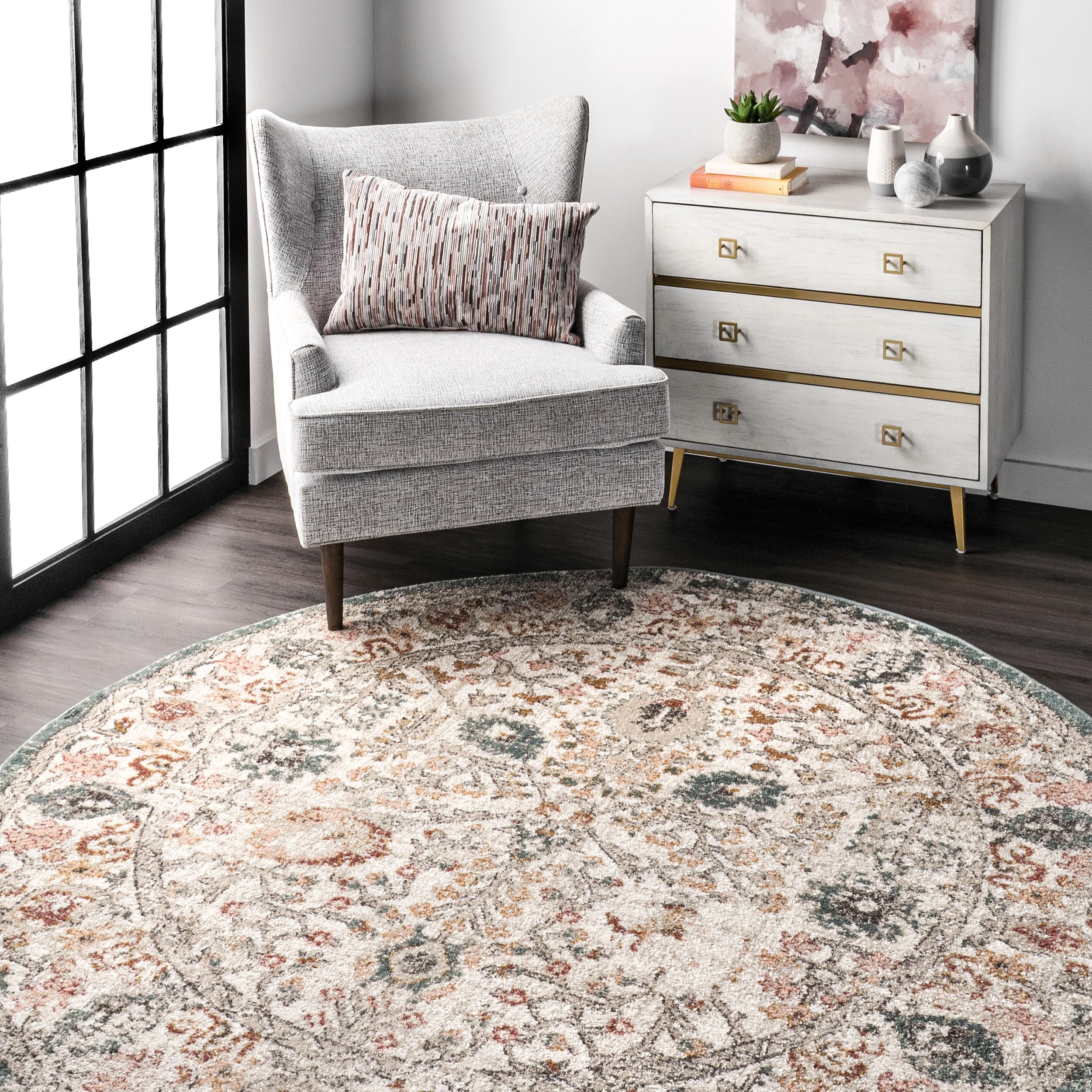 nuLOOM Lenore Vintage Floral Area Rug - 7-Round Area Rug Transitional Beige/Multicolor Rugs for Living Room, Bedroom, Dining Room, Hallway, Kitchen