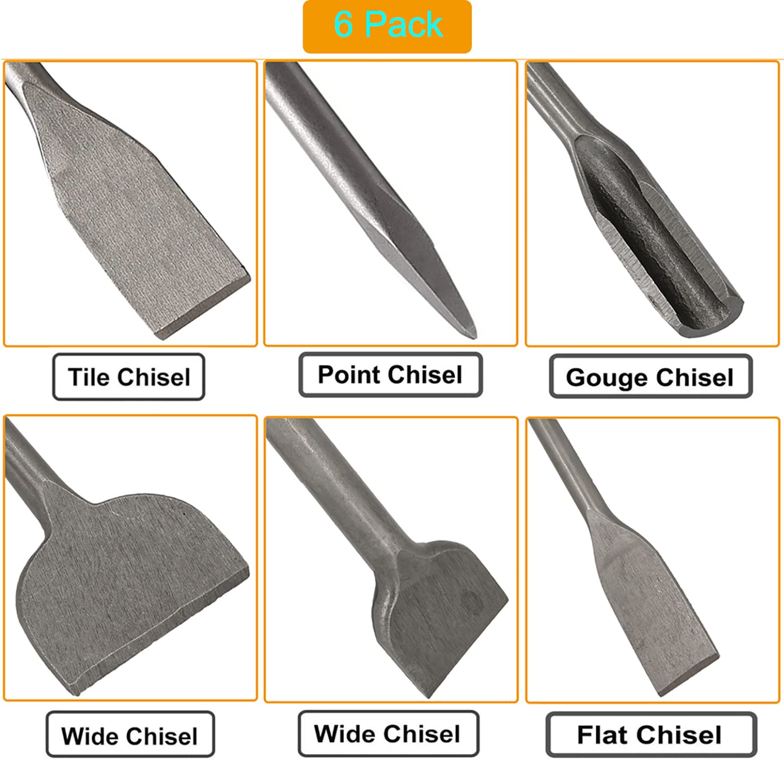 SDS Plus Hammer Drill Chisel Set, Rotary Hammer Bits Set Including Tile chisel, Grooving Chisel, Scrapping Chisel, Flat Chisel, Point Chisel, Scaling Chisel for Tile Masonry Concrete Brick Stone Work