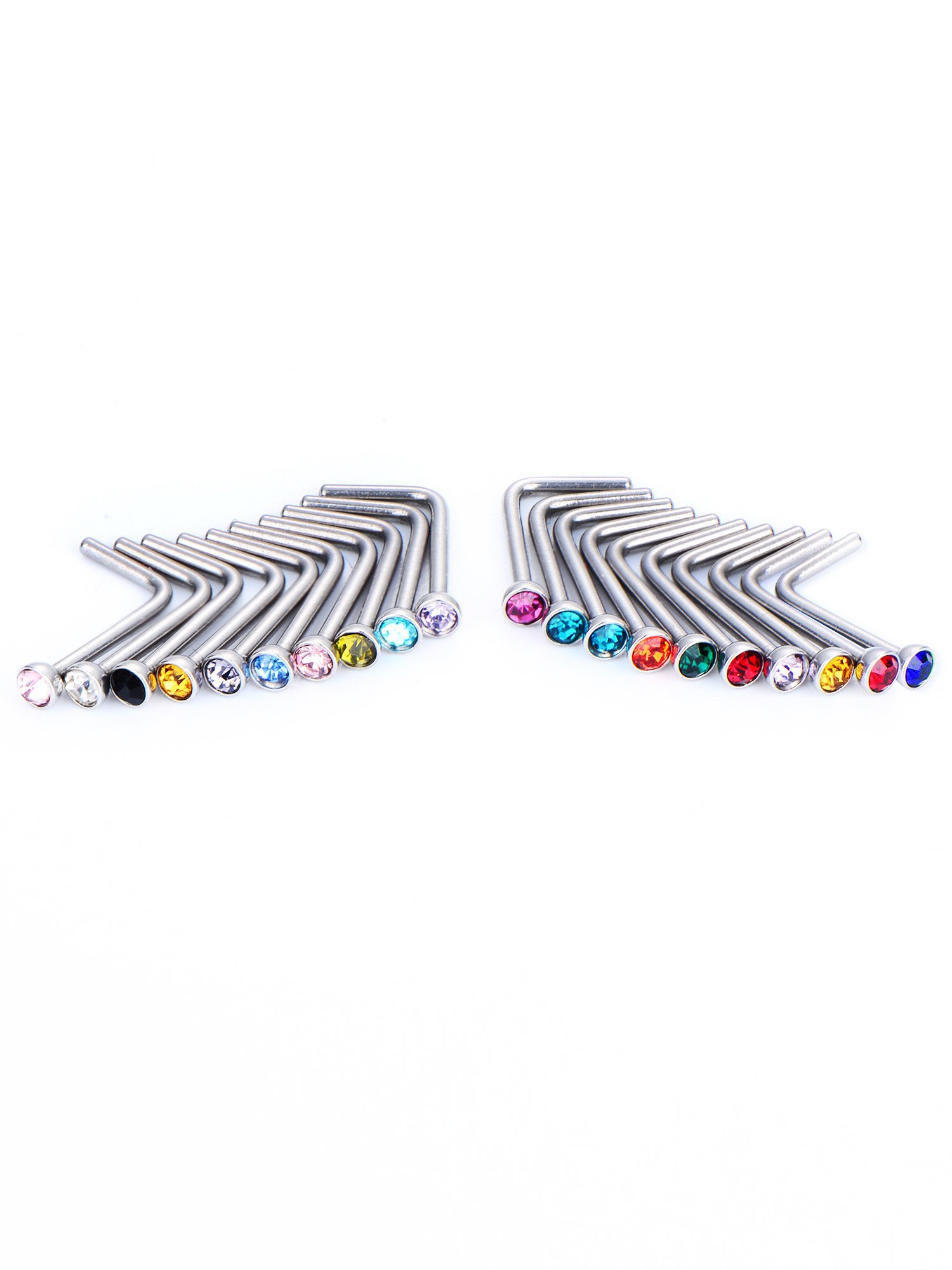 Mudder 20 Pcs Curved Nose Studs Stainless Steel Nose Ring Colorful L Shaped Crystals l Bend Nose Screw Piercing Jewelry,20 Gauge