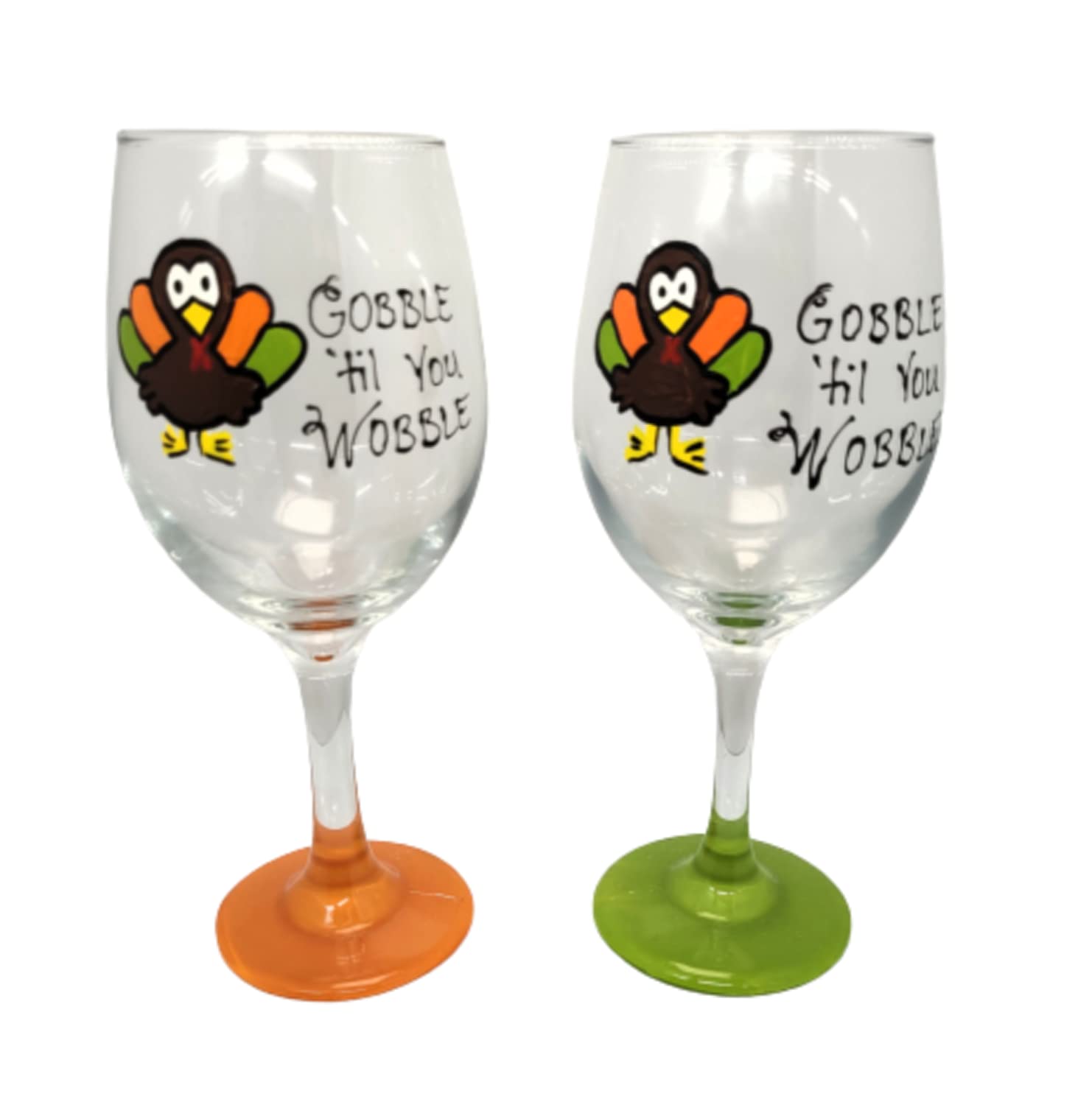 Thanksgiving Turkey Orange Green Gobble Til You Wobble Hand Painted Wine Glasses Set of 2