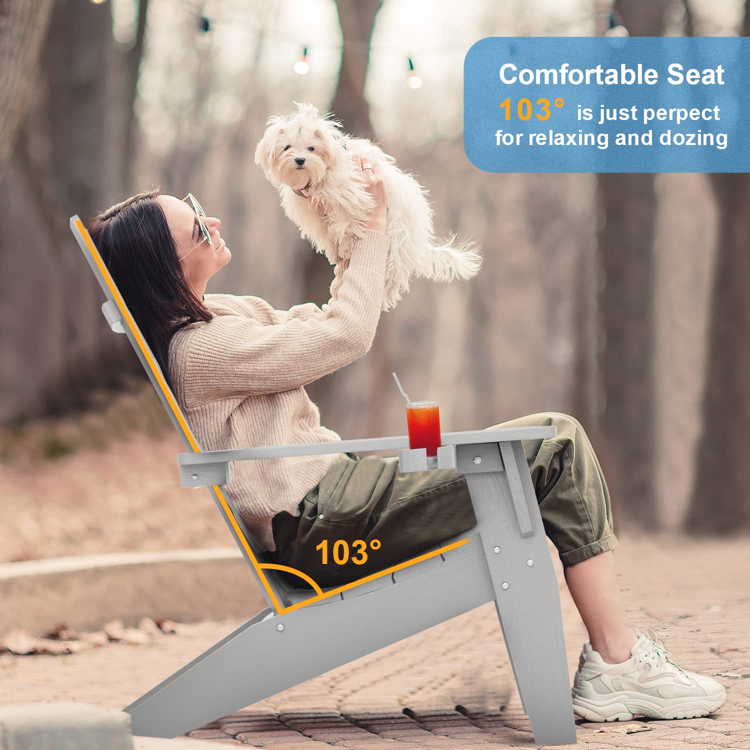 MXIMU 3-Piece Oversize Modern Adirondack Chair and Table Set, Fire Pit Seating, Foldable Outdoor Lounger Armchair, Lawn Chairs Furniture for Beach Poolside Balcony Patio Grey