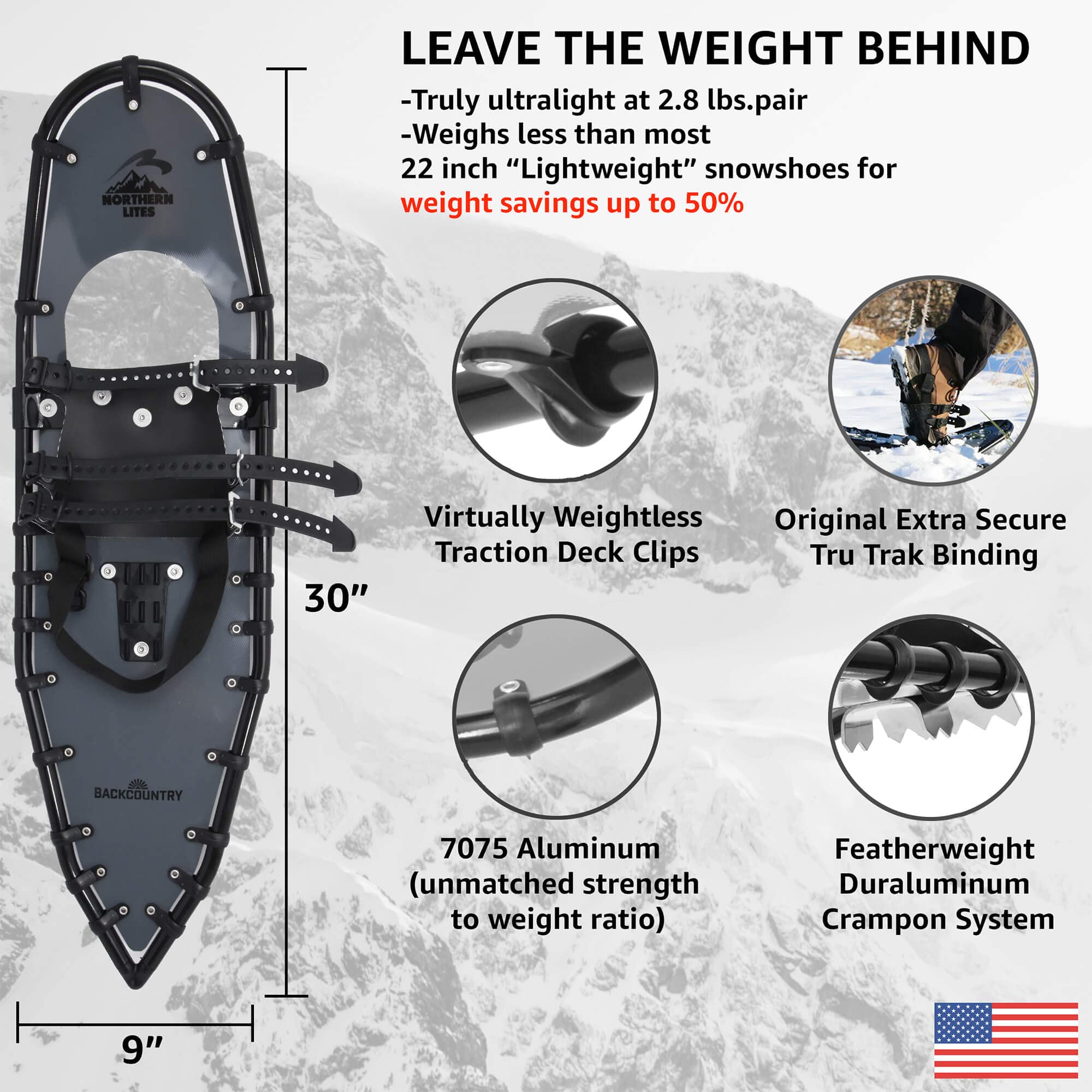 Northern Lites Ultralight Backcountry Hiking and Backpacking Snowshoe for Men and Women, Tru Trak Binding, Grey
