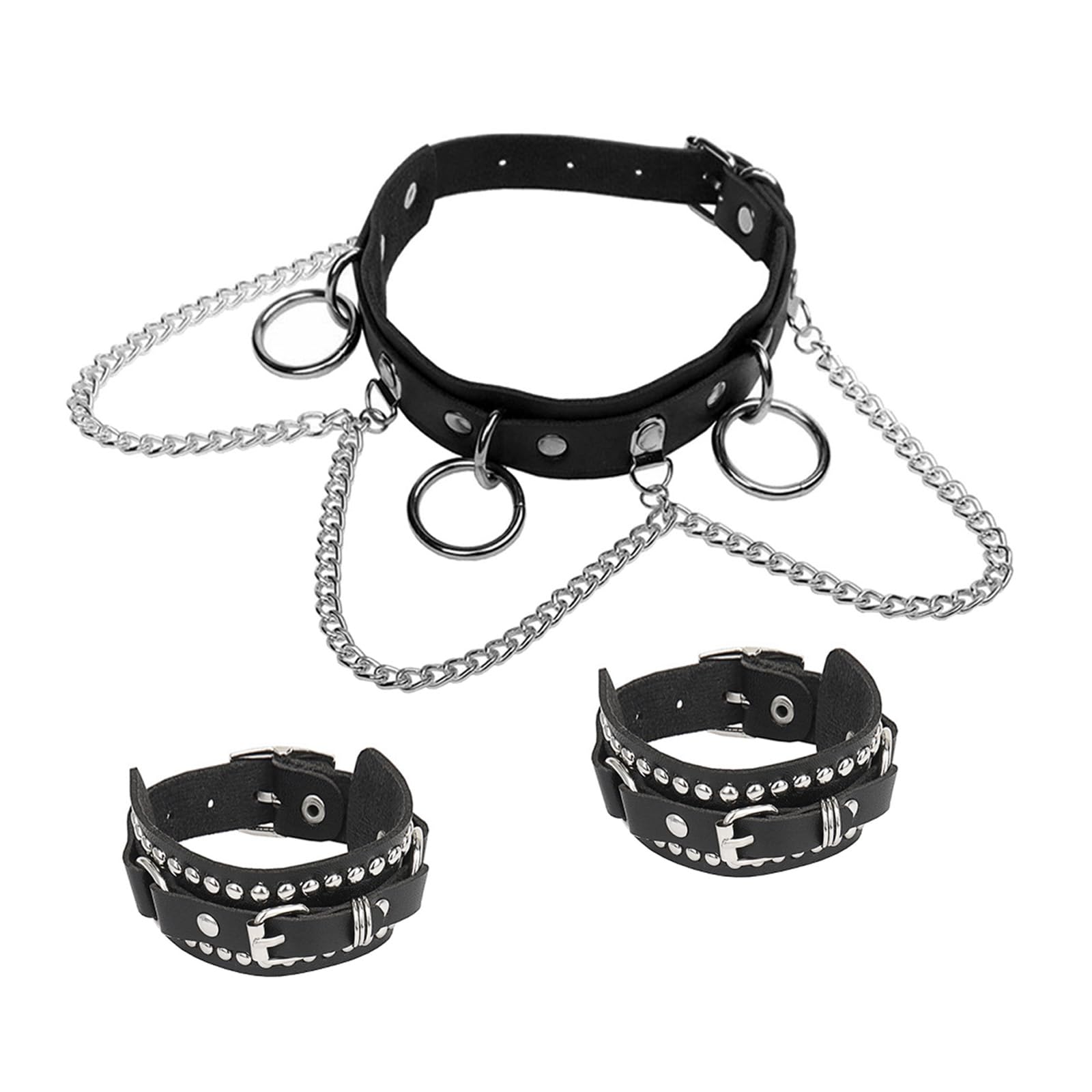 Tosmifairy 3pcs Ring Choker and Bracelets Set Goth Jewelry for Women Ladies Black Leather Collar Cuff Cosplay Accessories Costume