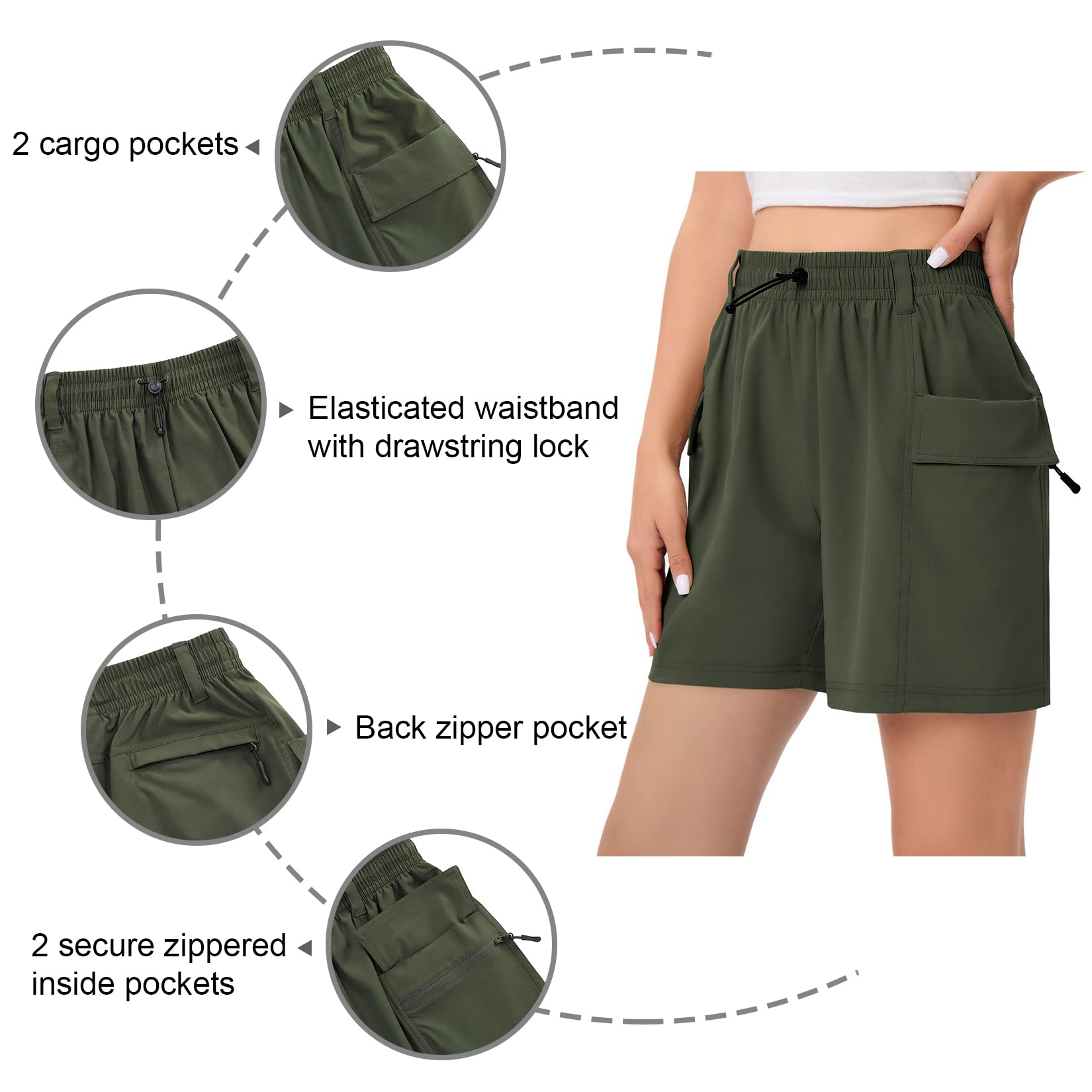 Women's 5" / 7" Hiking Shorts with Cargo Pockets Quick Dry Lightweight Athletic Shorts for Summer Casual Army Green