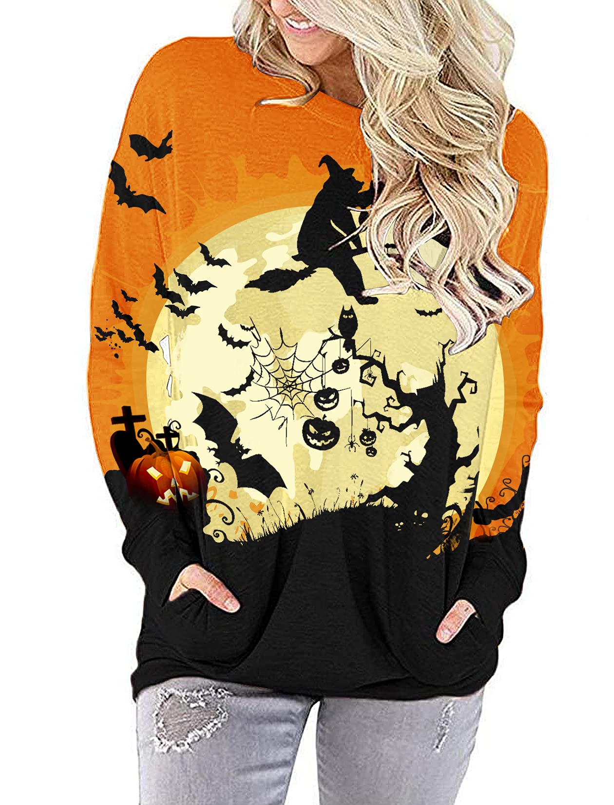 SENFURE Halloween Shirt for Women Long Sleeve Cartoon Print Casual Loose Fit Sweater Top, Orange, Medium