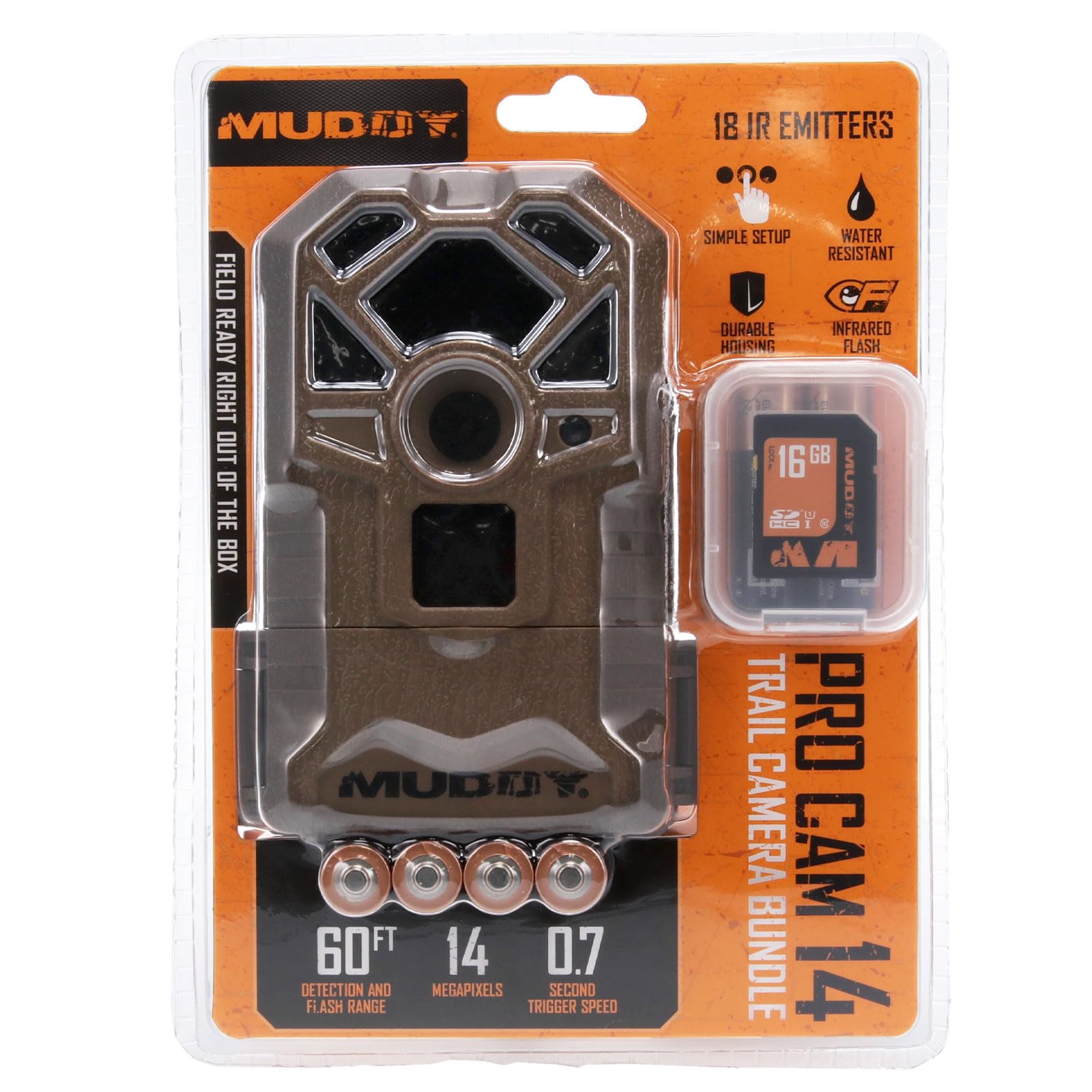 MUDDY Pro Cam 14 MTC100K Combo - 14MP & 480 Video at 30FPS 0.7 Sec Trigger Speed 80ft Detection IR Range Durable Hunting Outdoor Scouting Trail Camera, AA Batteries & 16GB Memory Card Included