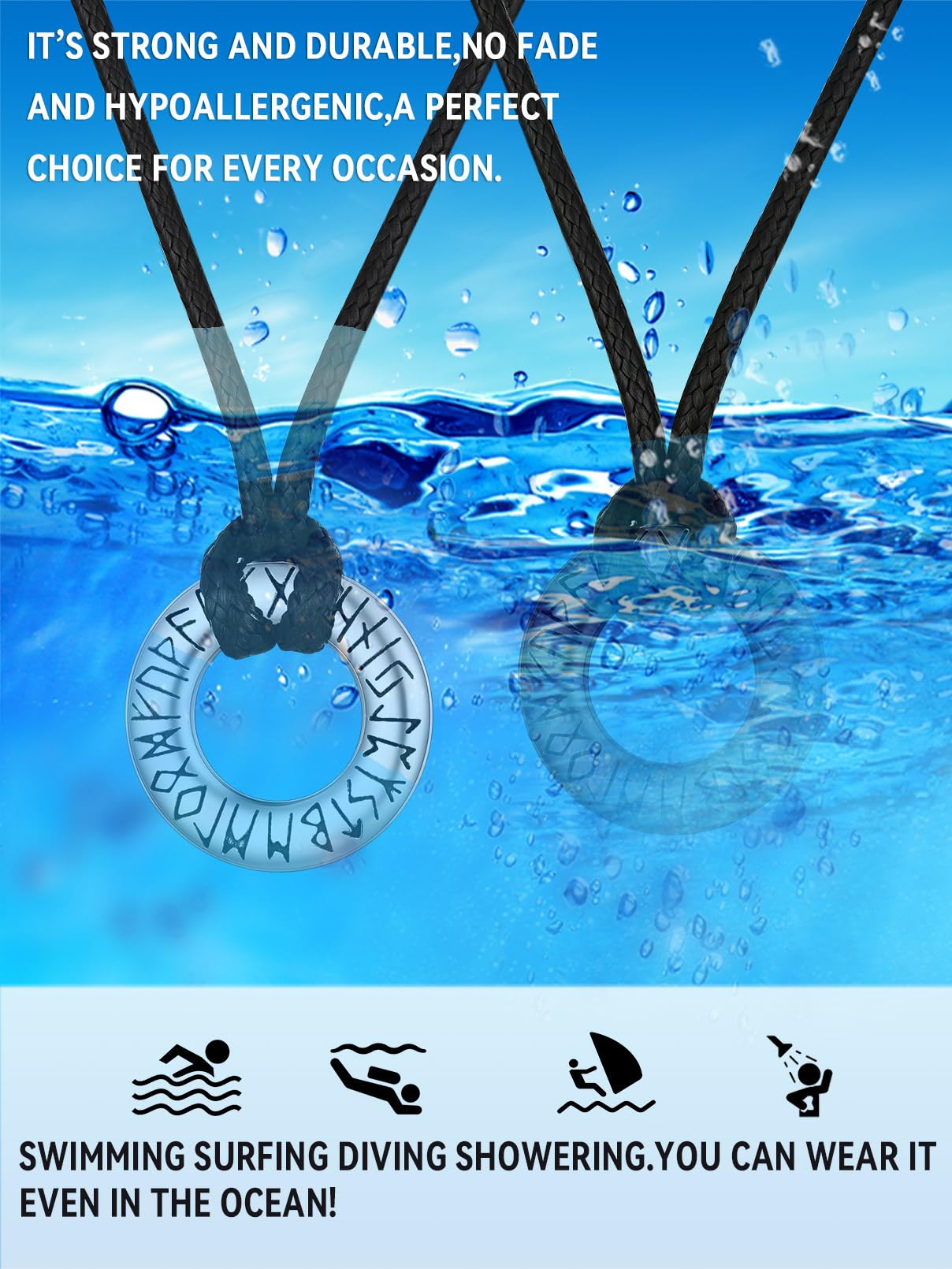 Viking Runes Necklace with Leather Neck Chains Black Stainless Steel Nordic Mythology Rune Charms