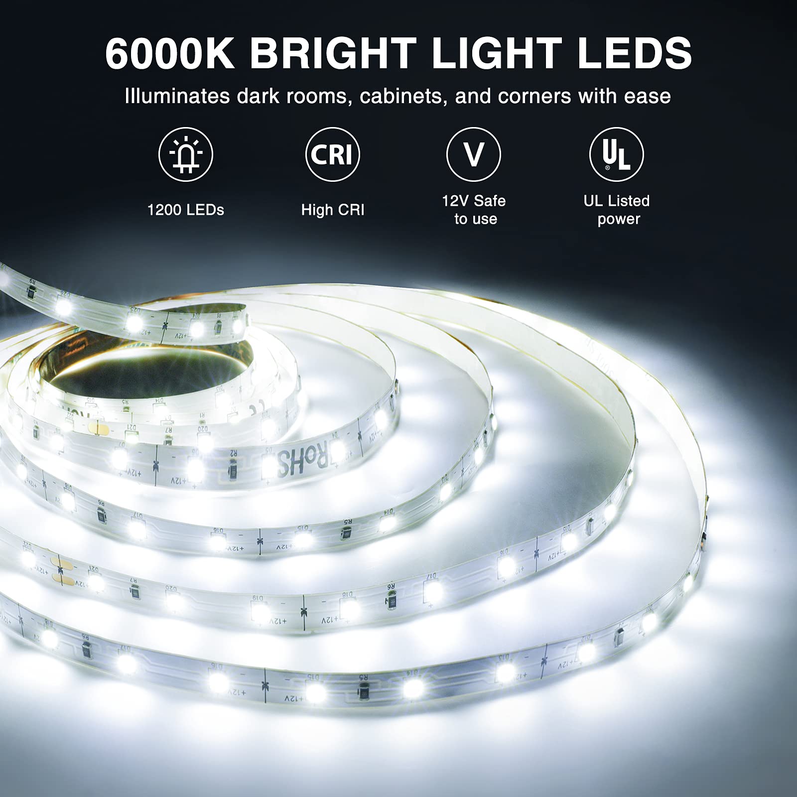 Onforu LED Strip Lighting Bright White, 65.6ft 6000K Dimmable Daylight White Tape Light, 20m 1200 LEDs 2835 Flexible Ribbon Easter Light, 12V Adhesive Rope Light for Kitchen, Under Cabinet, Bedroom